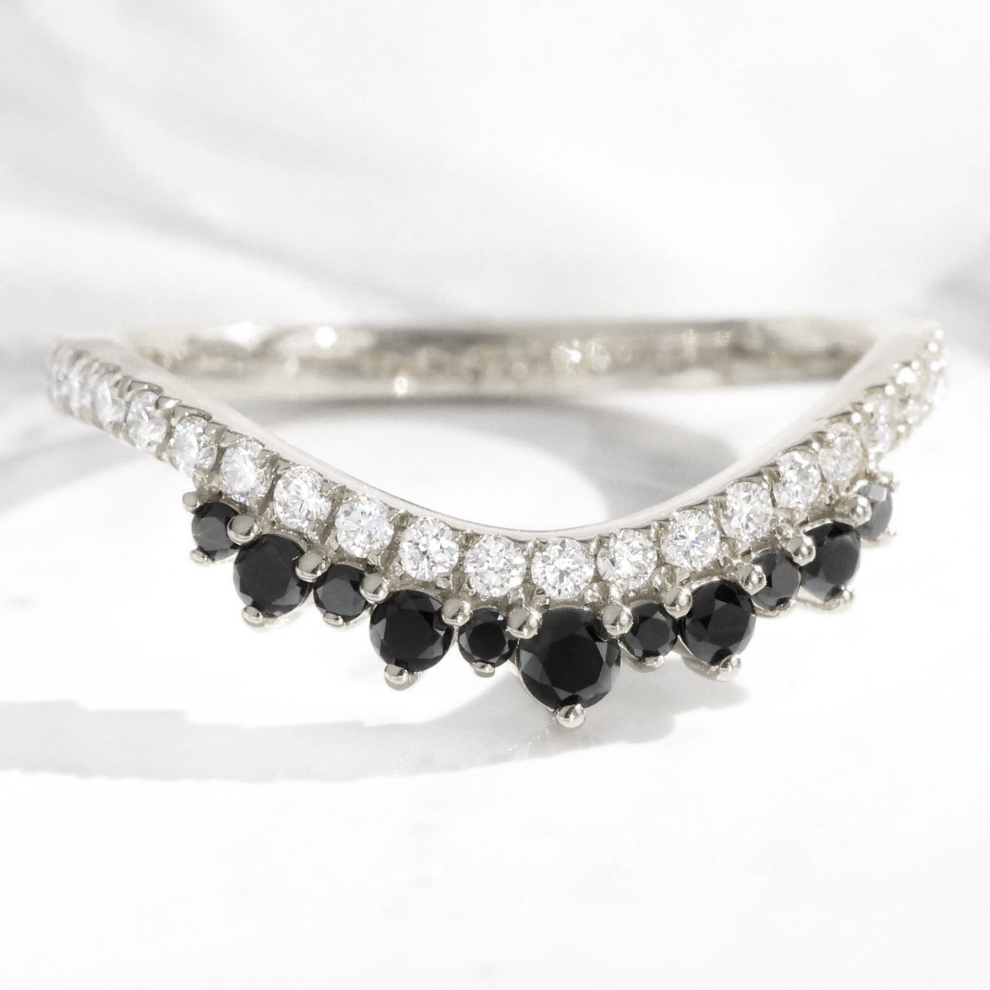 White and Black Diamond Pave Band Rose Gold Curved Crown Wedding Ring 14K White Gold 5.75