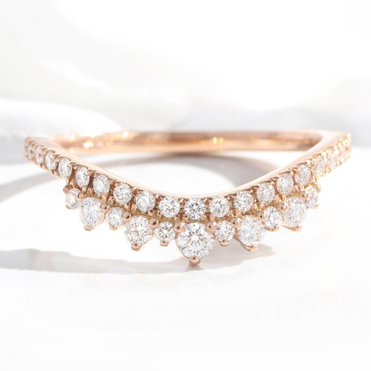 U Shaped Crown Diamond Wedding Ring Rose Gold Curved Pave Diamond Band ...