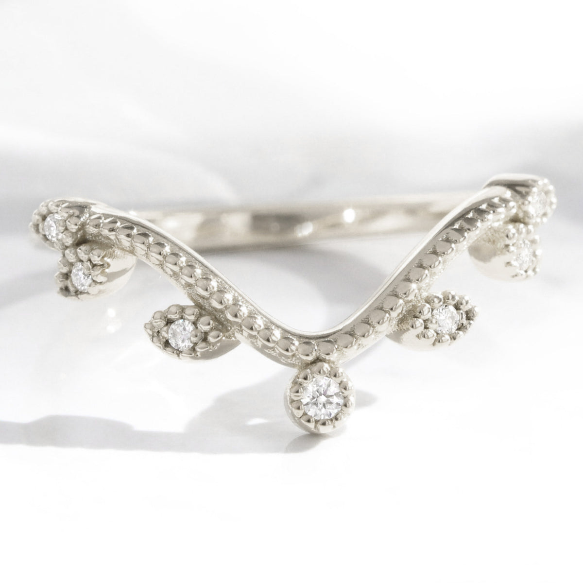Deep Curved Diamond Wedding Ring Rose Gold U Shaped Leaf Diamond Ring ...