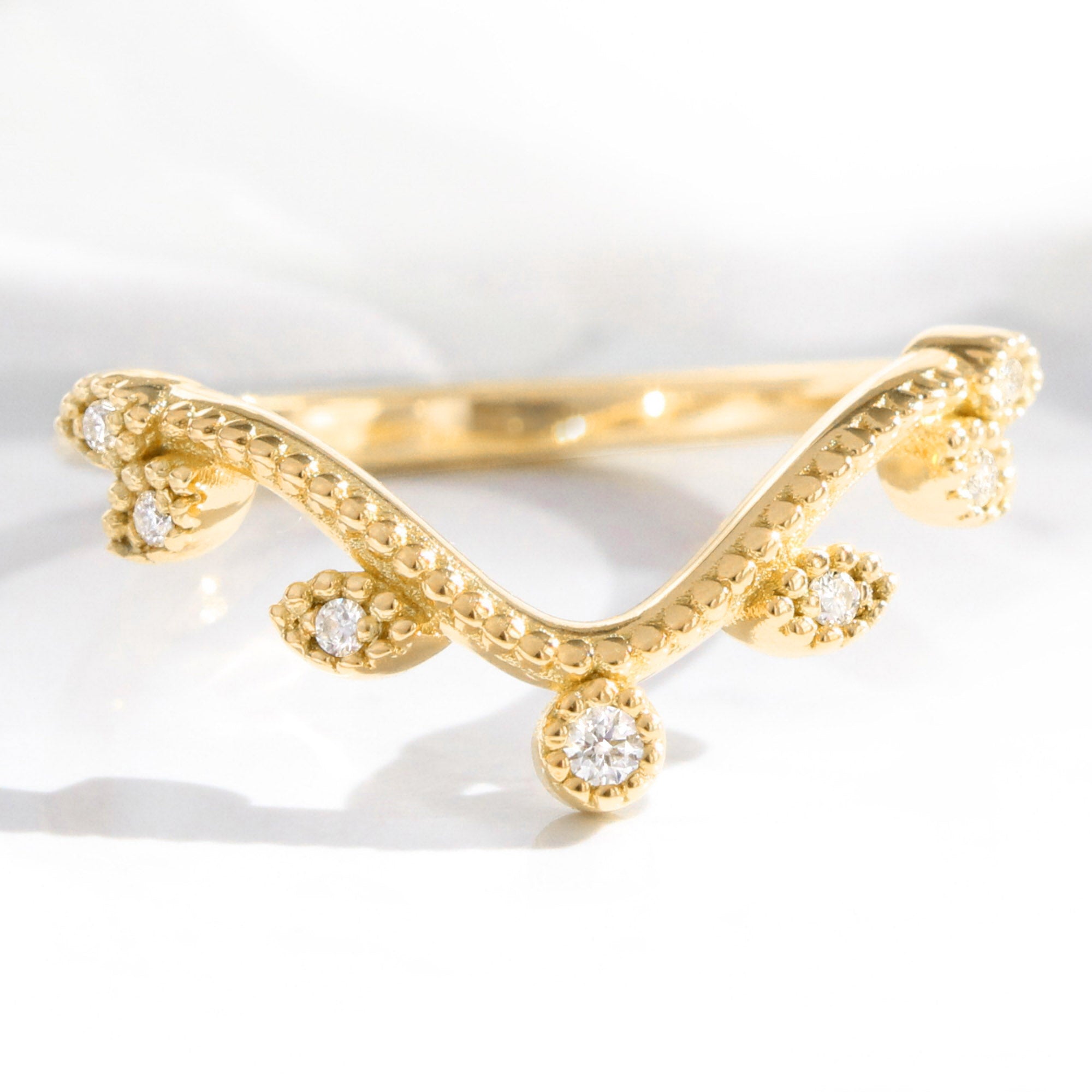 Deep Curved Diamond Wedding Ring Rose Gold U Shaped Leaf Diamond Ring ...