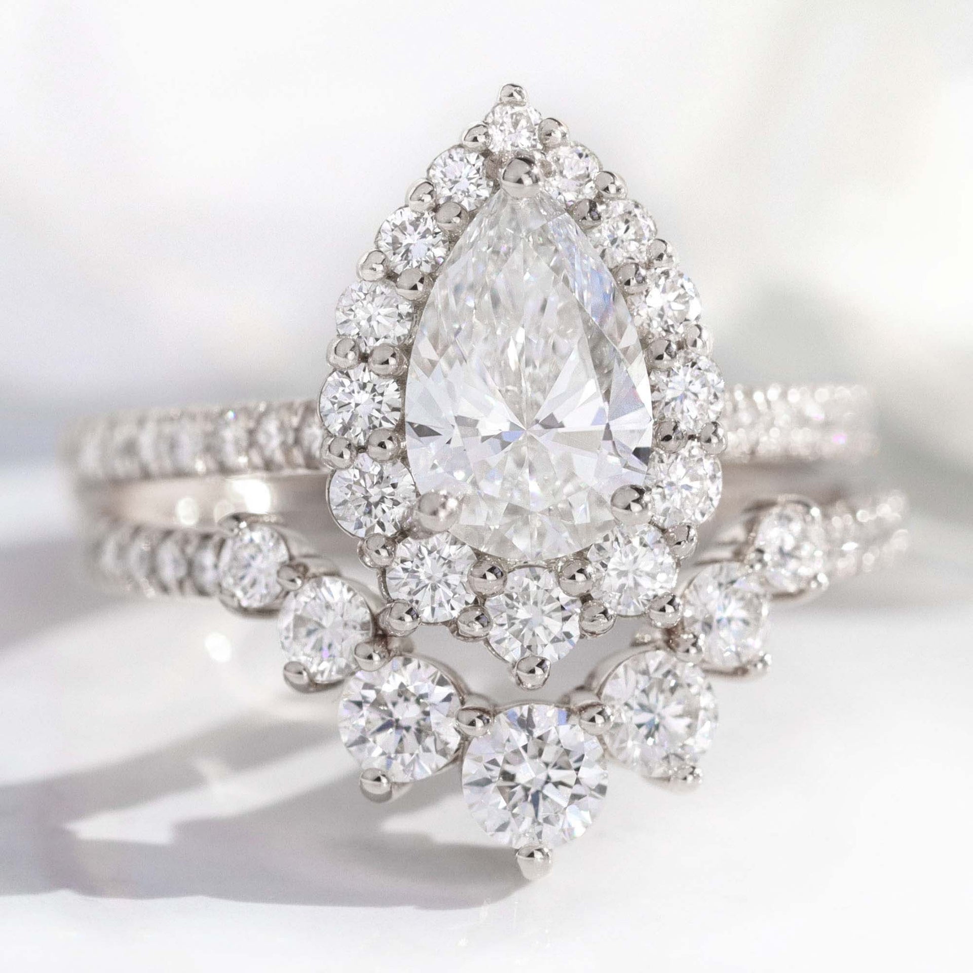 Pear Lab Diamond Ring Halo Bridal Set Gold Big Diamond Curved Band | La ...