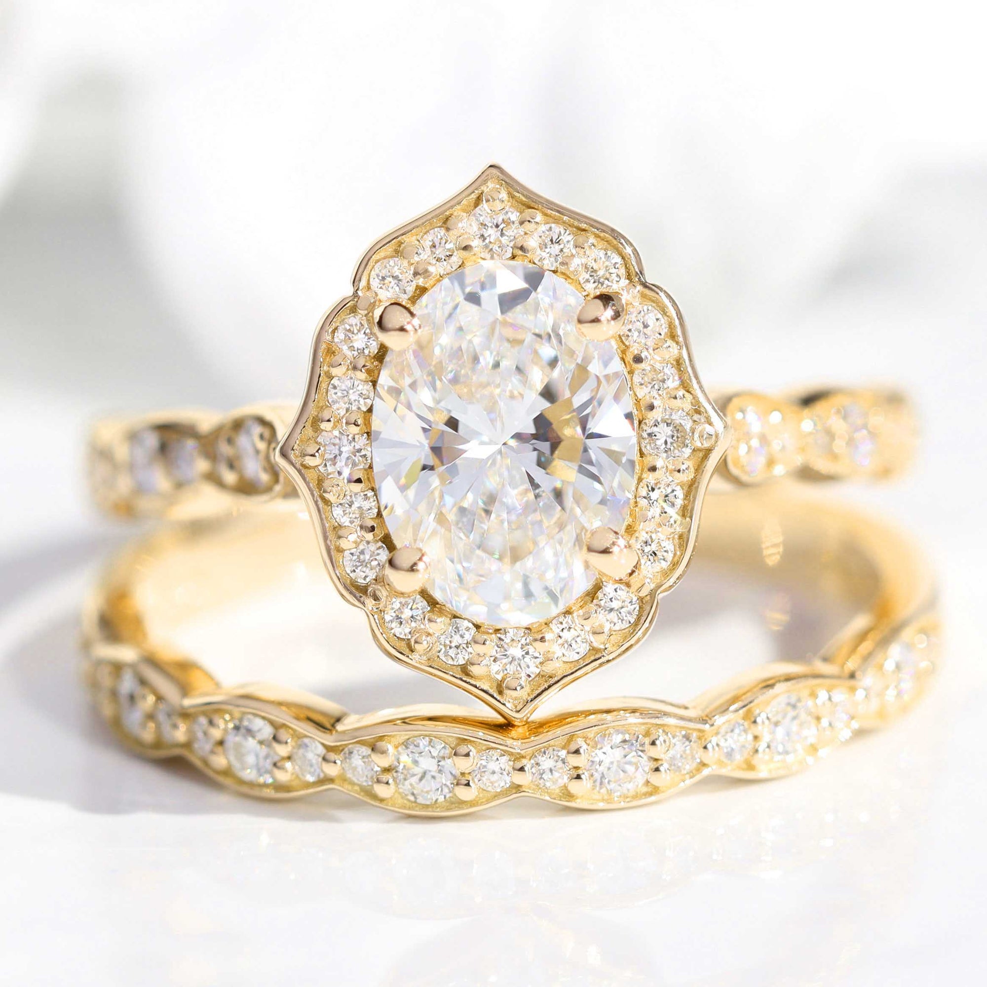 Vintage Floral Lab Diamond Ring Bridal Set Rose Gold Oval Ring Stack ...