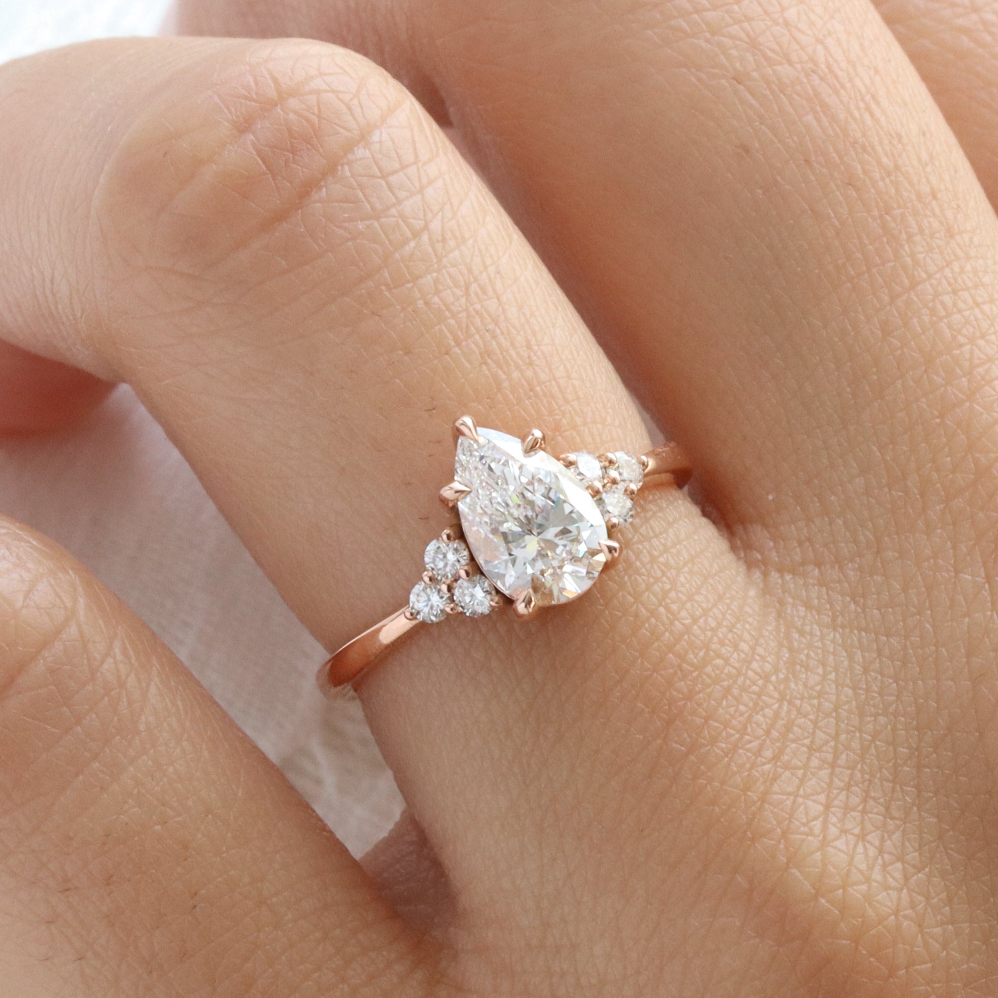 3 Stone Pear Lab Grown Diamond Engagement Ring Rose Gold Cluster Ring ...