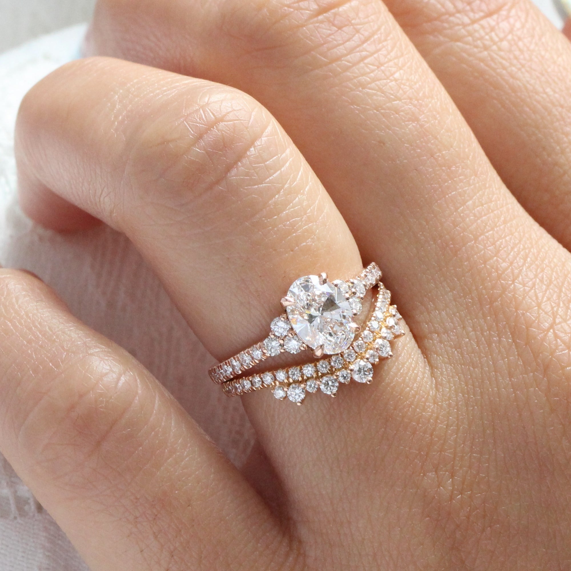 3 Stone Lab Diamond Pave Ring Set Gold Oval Cluster Ring Bridal Set ...
