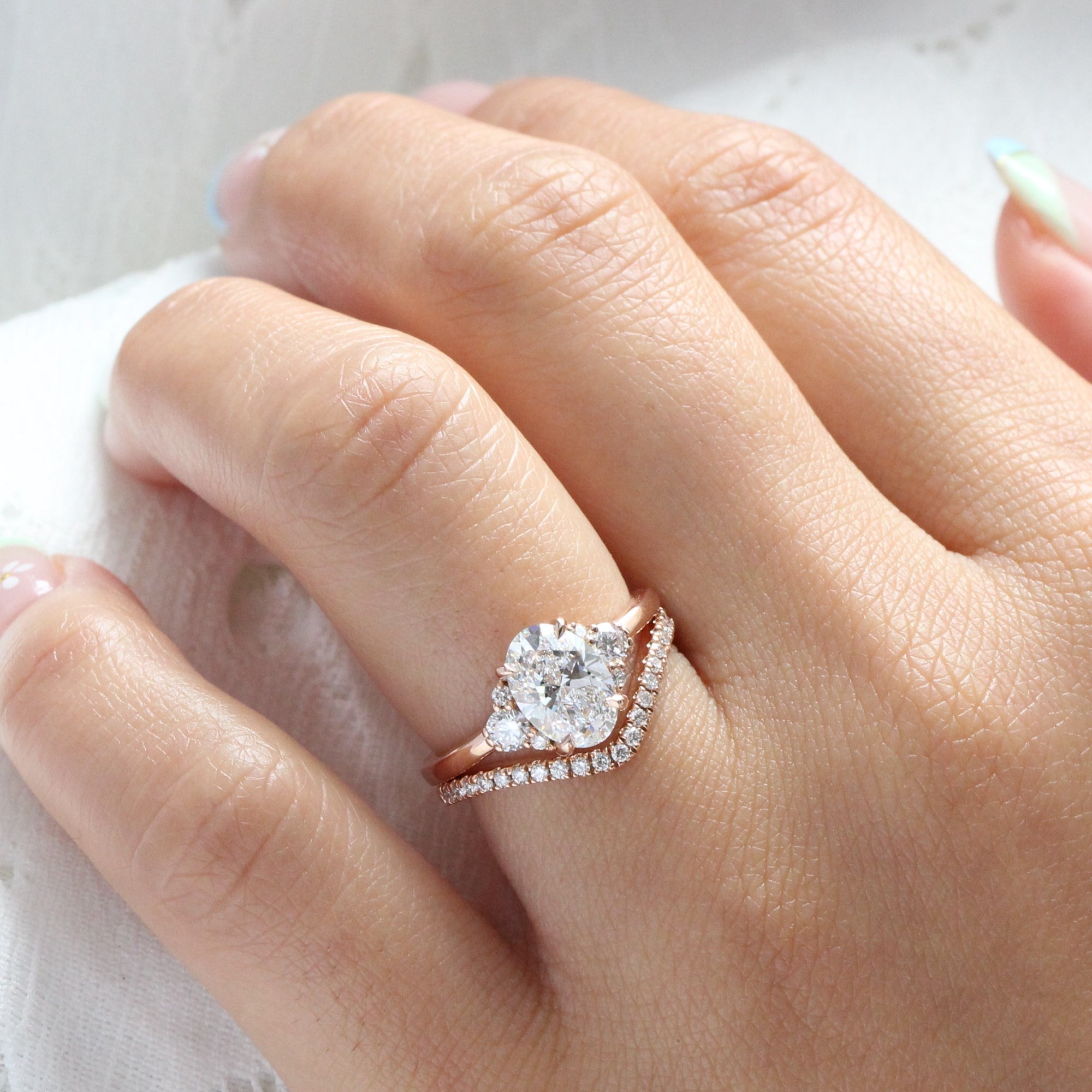 3 Stone Lab Diamond Ring Set Stack Rose Gold Oval Diamond Bridal Set ...