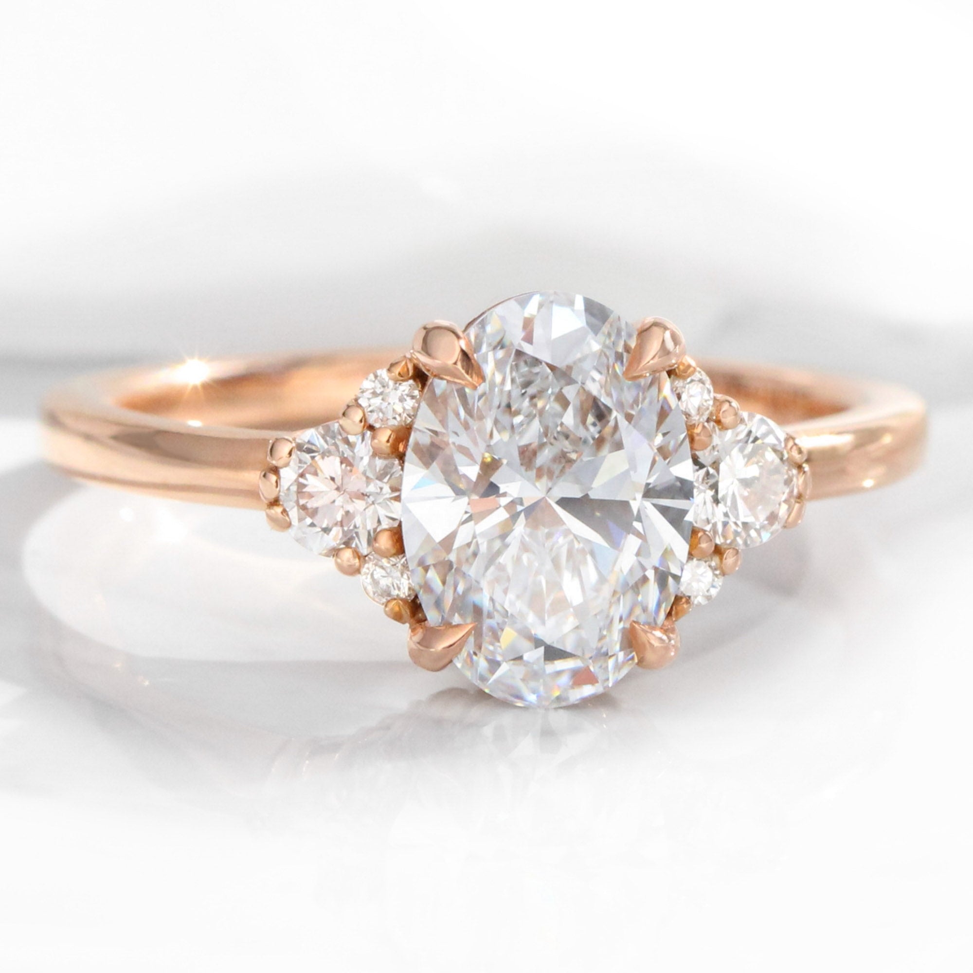 Large 3 Stone Lab Diamond Ring Stack Rose Gold Oval Diamond Bridal Set ...