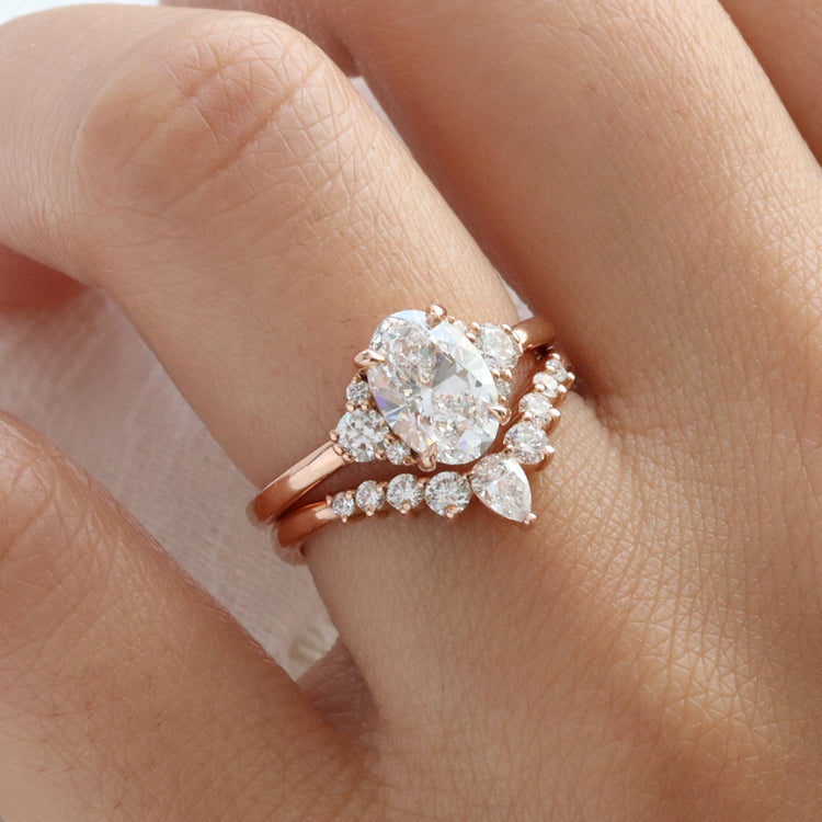 3 Stone Lab Grown Diamond Ring Set Rose Gold Oval Diamond Cluster Ring ...
