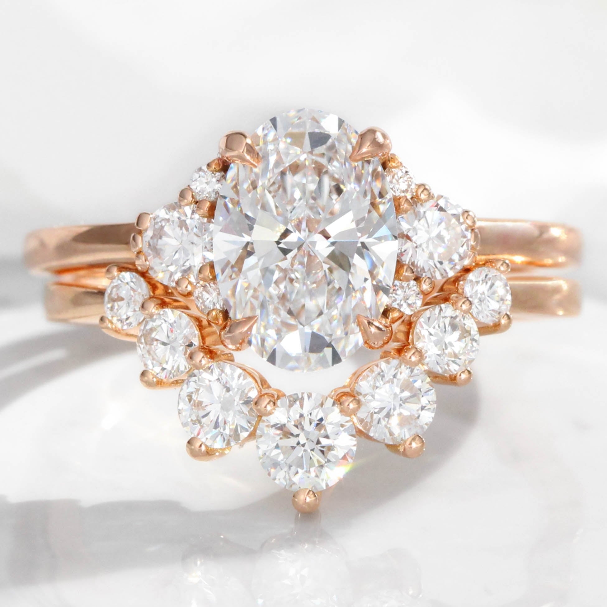 Large 3 Stone Lab Diamond Ring Stack Rose Gold Oval Diamond Bridal Set ...