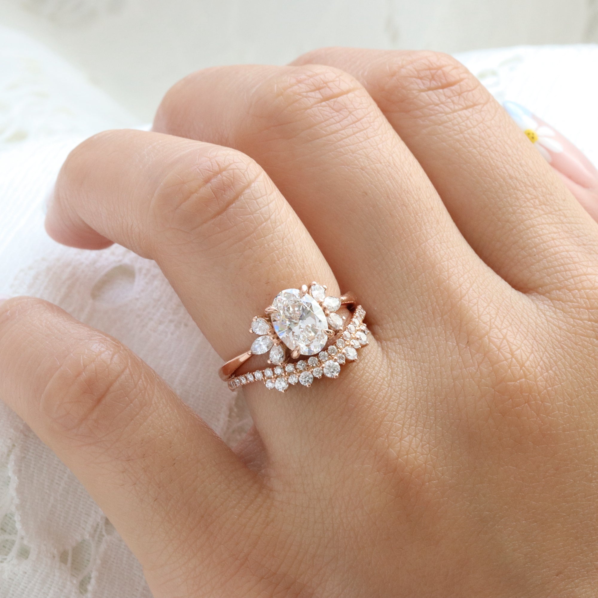 Oval Lab Grown Diamond 3 Stone Ring Bridal Set Rose Gold Cluster Ring ...