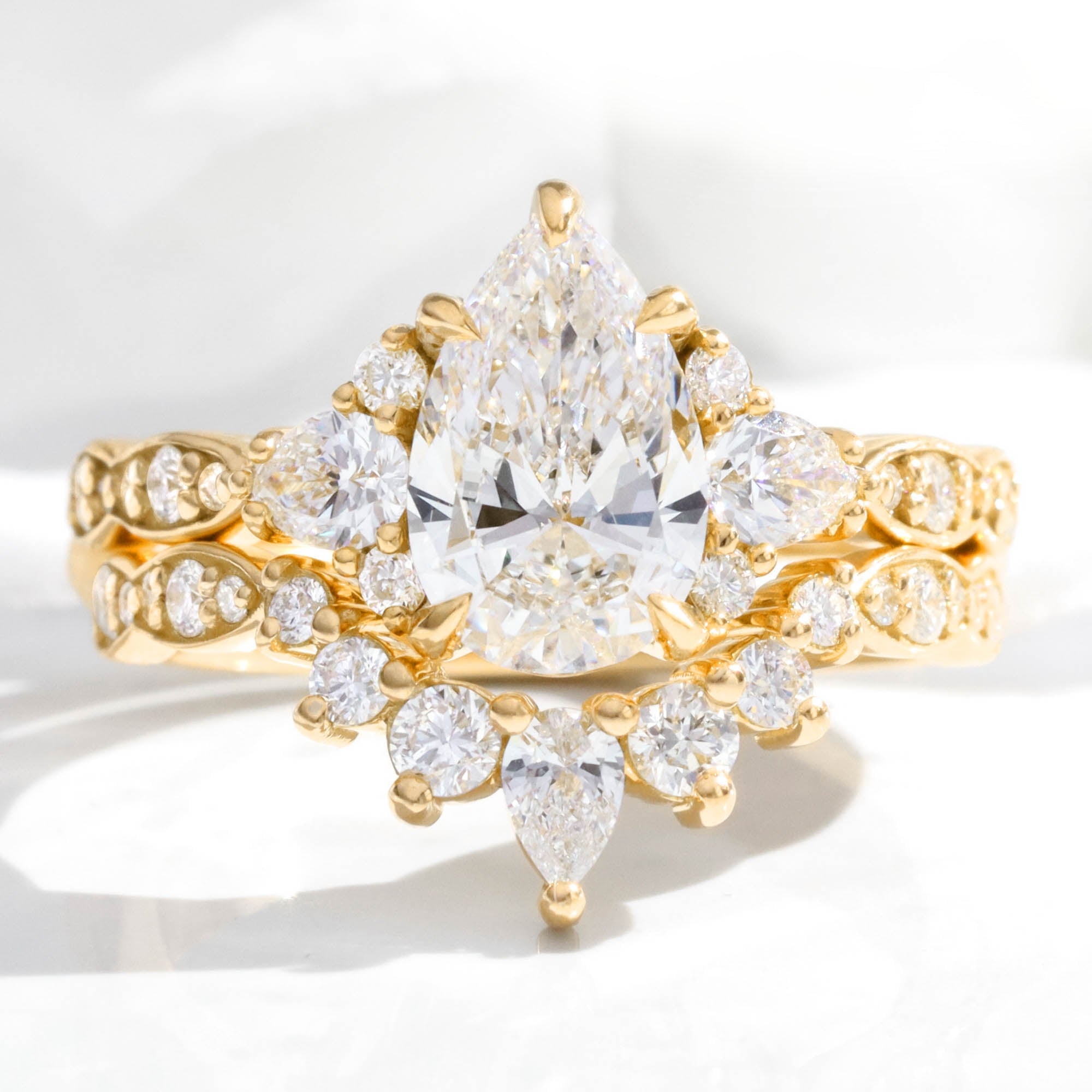 3 Stone Lab Diamond Ring Bridal Set Rose Gold Pear Diamond Ring Stack ...