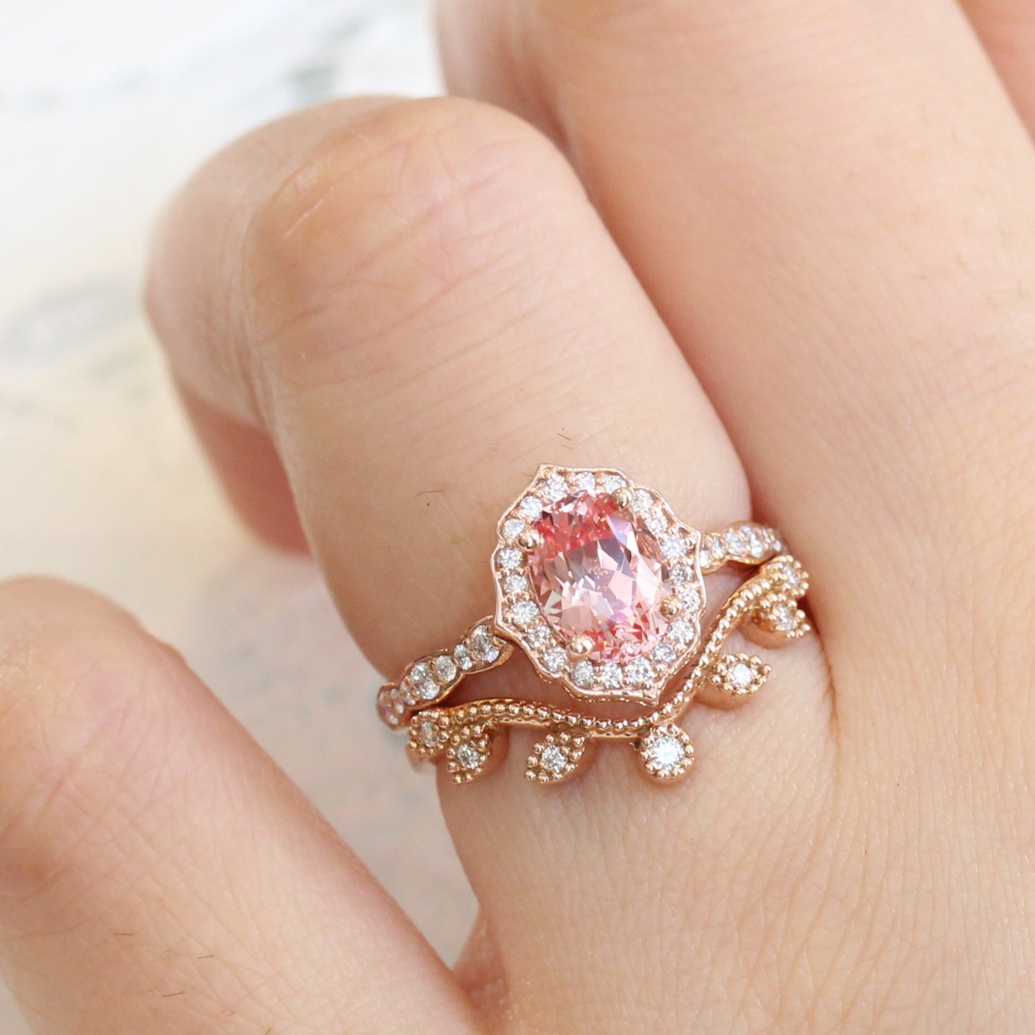 Oval Pink Sapphire Bridal Ring Gold Curved Leaf Diamond Wedding Set ...