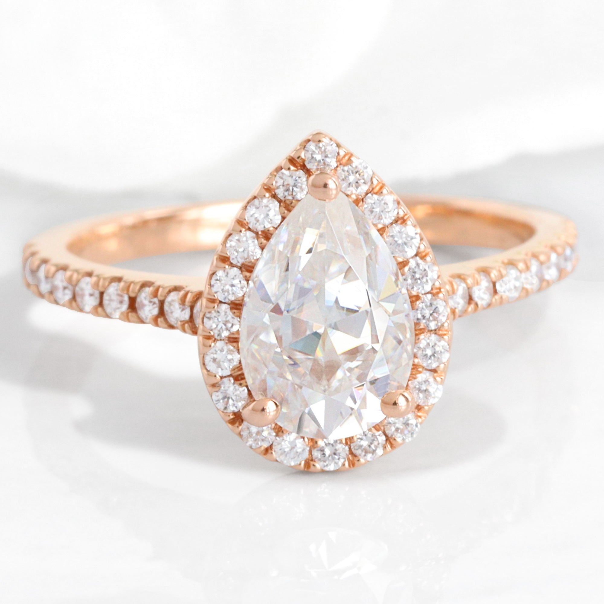 Halo Diamond Pear Moissanite Engagement Ring 14k Rose Gold Pave Band ...