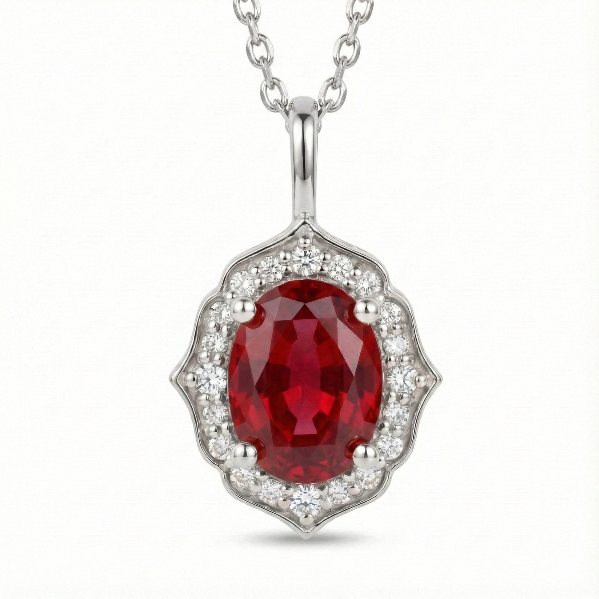 Vintage Style Oval Ruby Necklace Rose Gold Halo Diamond Pendant Chain ...