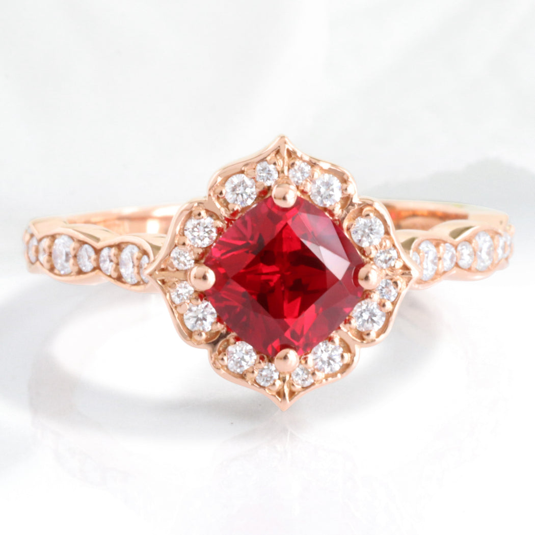 Cushion Ruby Engagement Ring Rose Gold Vintage Style Halo Ring | La ...