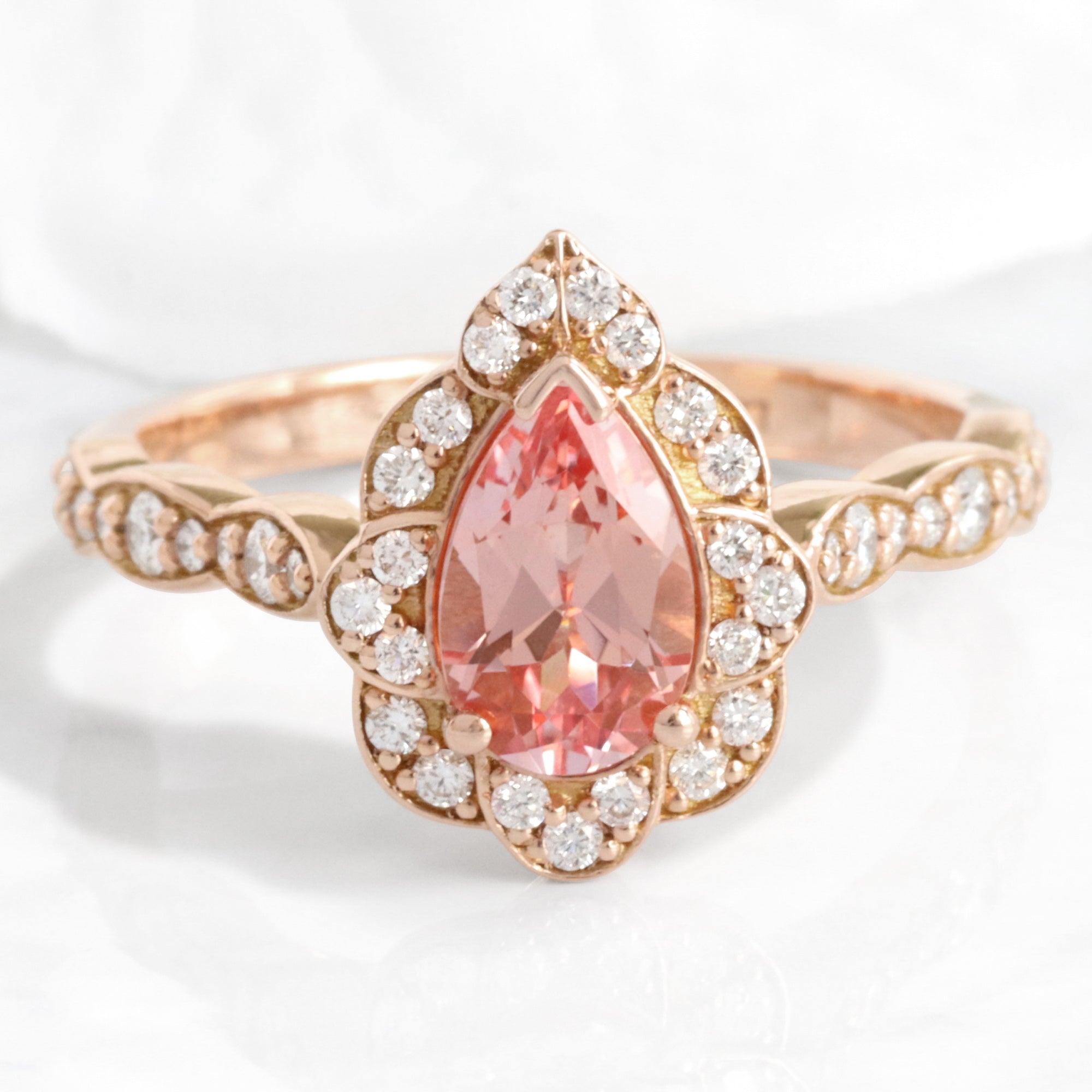 Vintage Style Pear Peach Sapphire Diamond Engagement Ring Rose Gold 18K Rose Gold 5.25