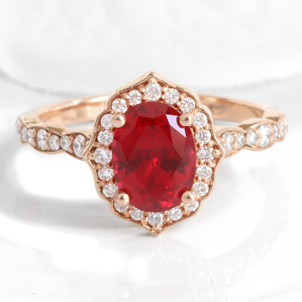 Vintage Style Oval Ruby Engagement Ring Rose Gold Halo Diamond Ring ...