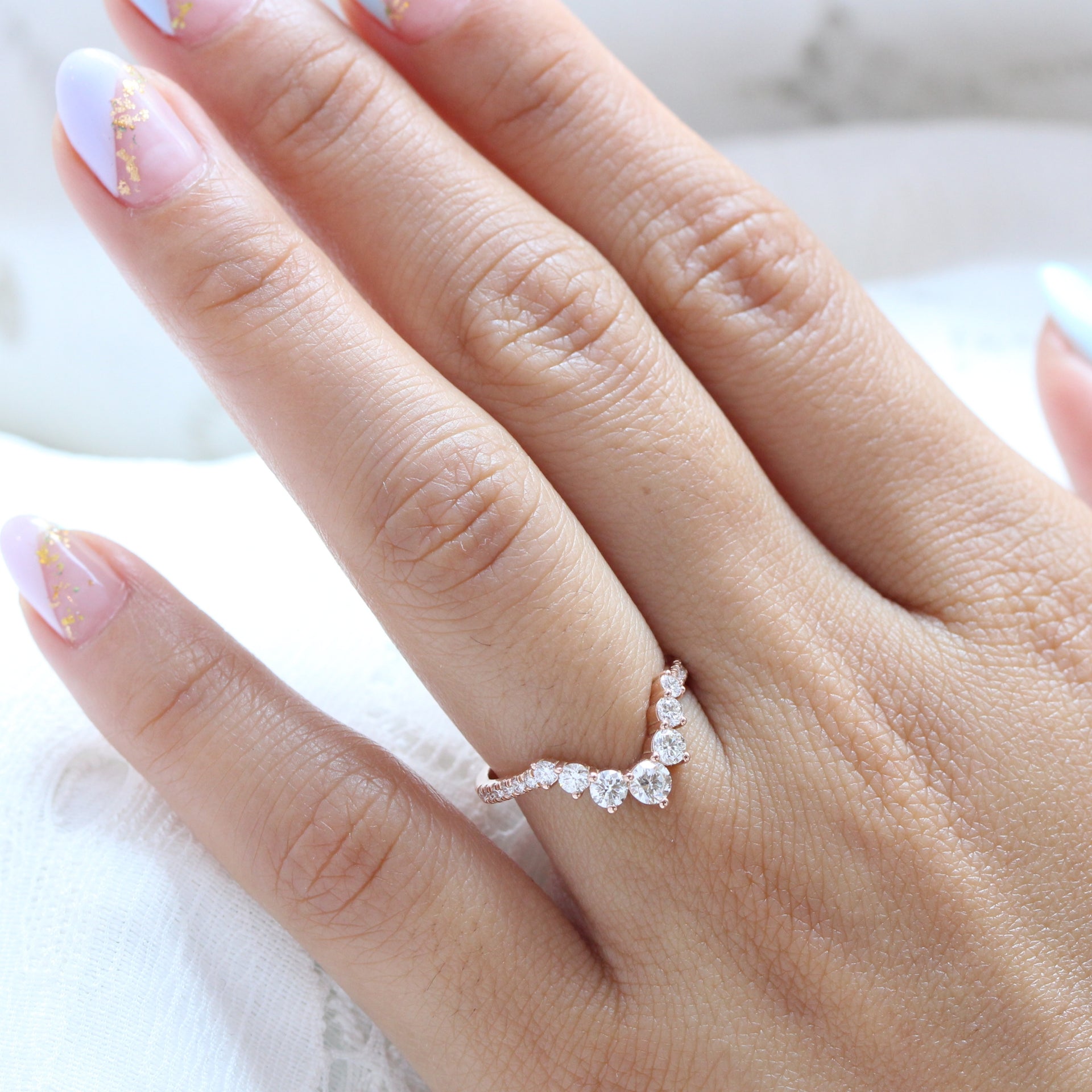 Large Diamond Pave Engagement Ring Rose Gold Deep Curved Wedding Band ...