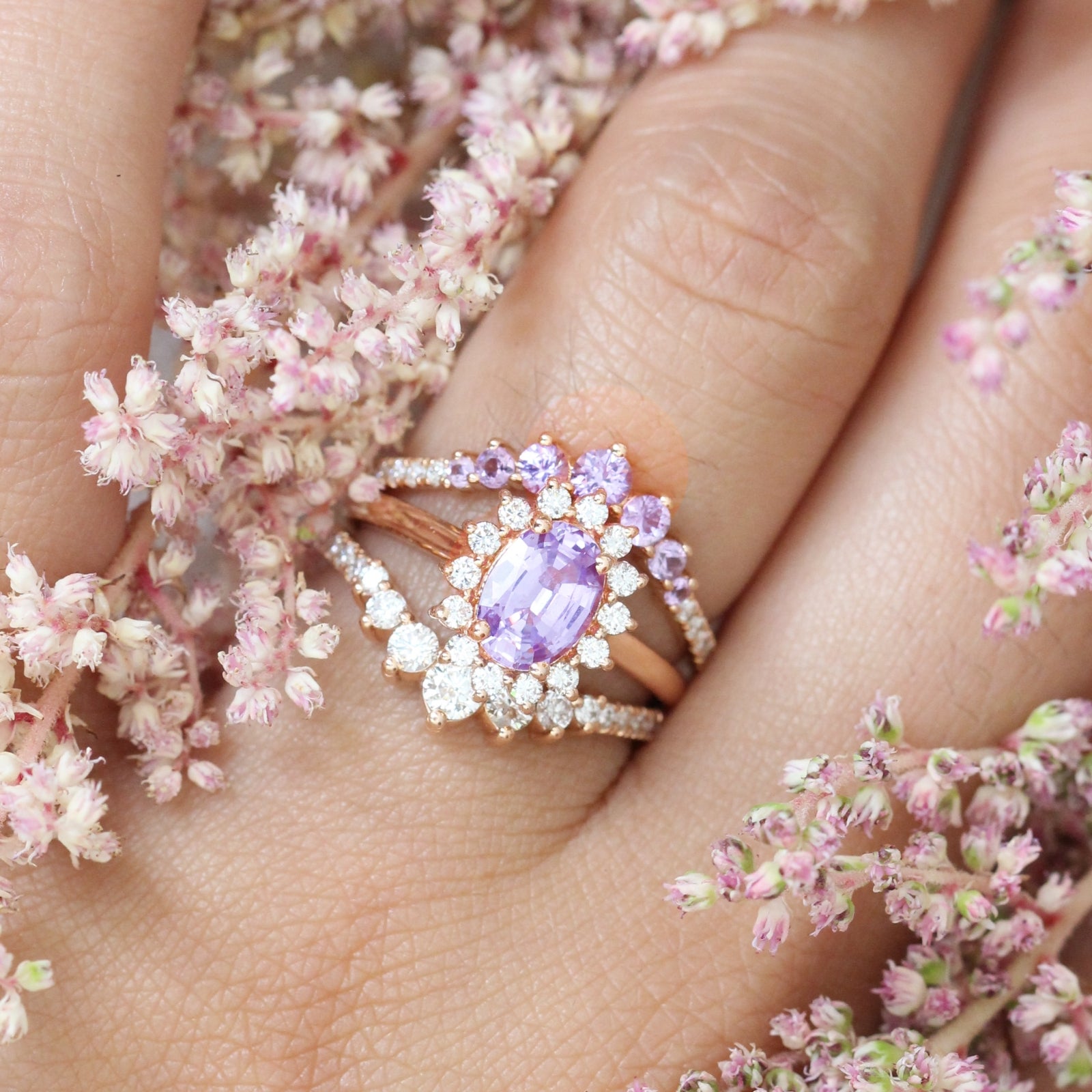 Natural Purple Sapphire Engagement Ring Rose Gold Diamond Cluster Ring ...