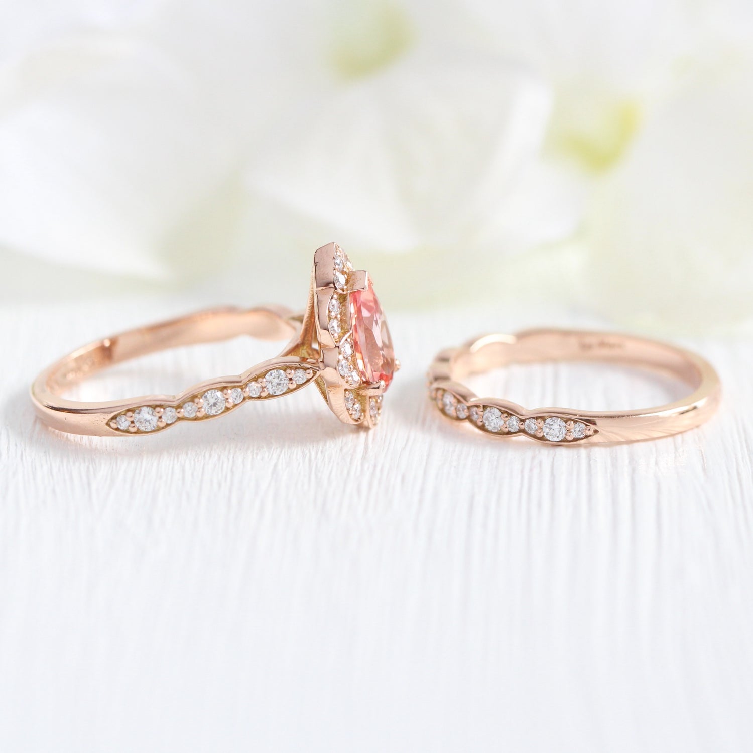 Vintage Style Peach Sapphire Diamond Ring Pear Bridal Set Rose Gold ...