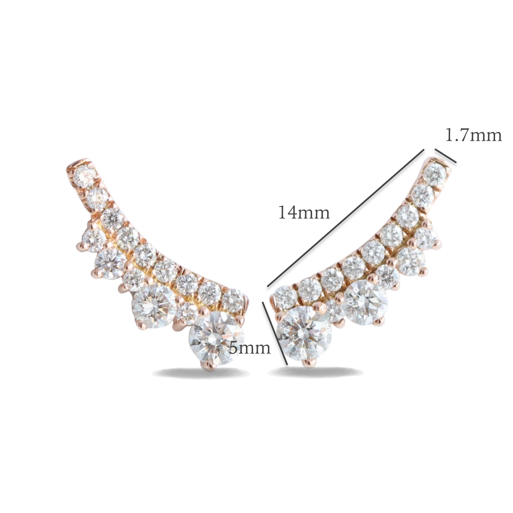 Large Diamond Earrings Rose Gold Stud Earrings Curved Crawler Earrings ...