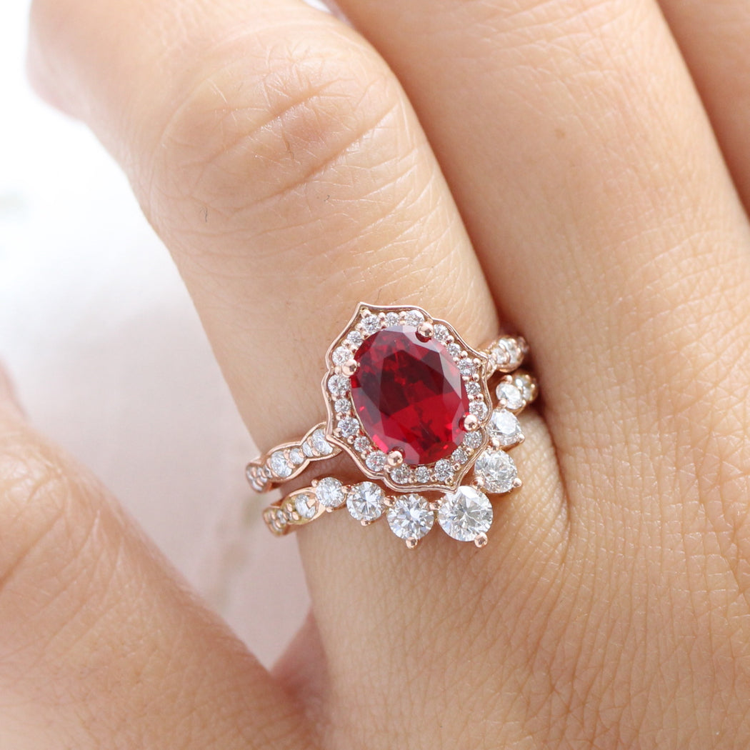 Vintage Halo Oval Ruby Bridal Ring Set Large 7 Diamond Wedding Band ...
