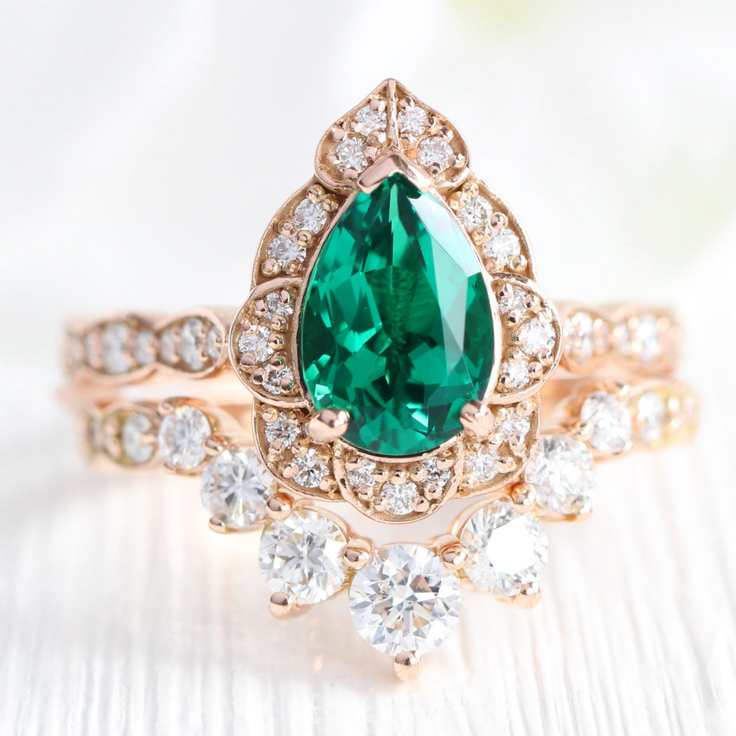 Pear Emerald Ring Stack Gold Vintage Halo Diamond Ring Curved Band | La ...