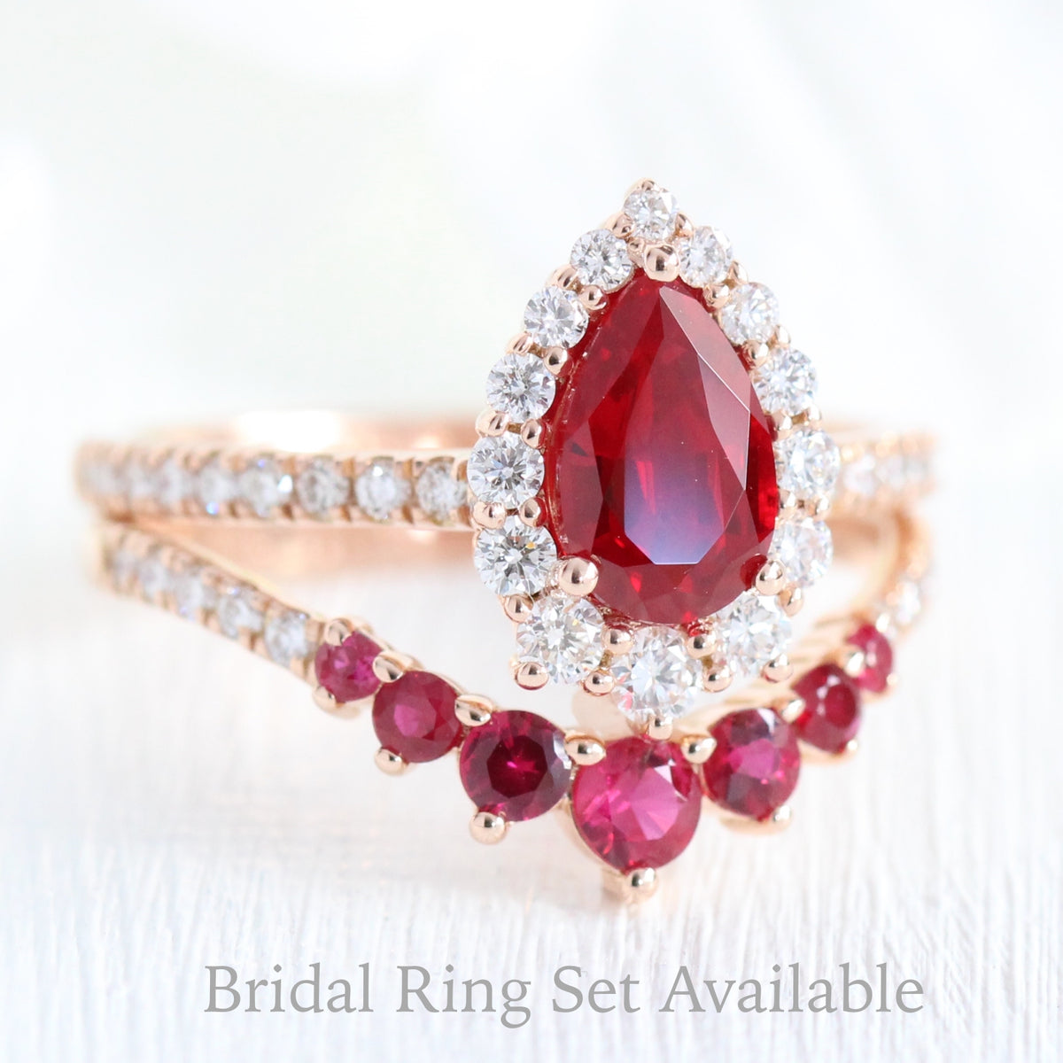 Pear Shaped Ruby Engagement Ring Rose Gold Halo Diamond Pave Ring | La More Design