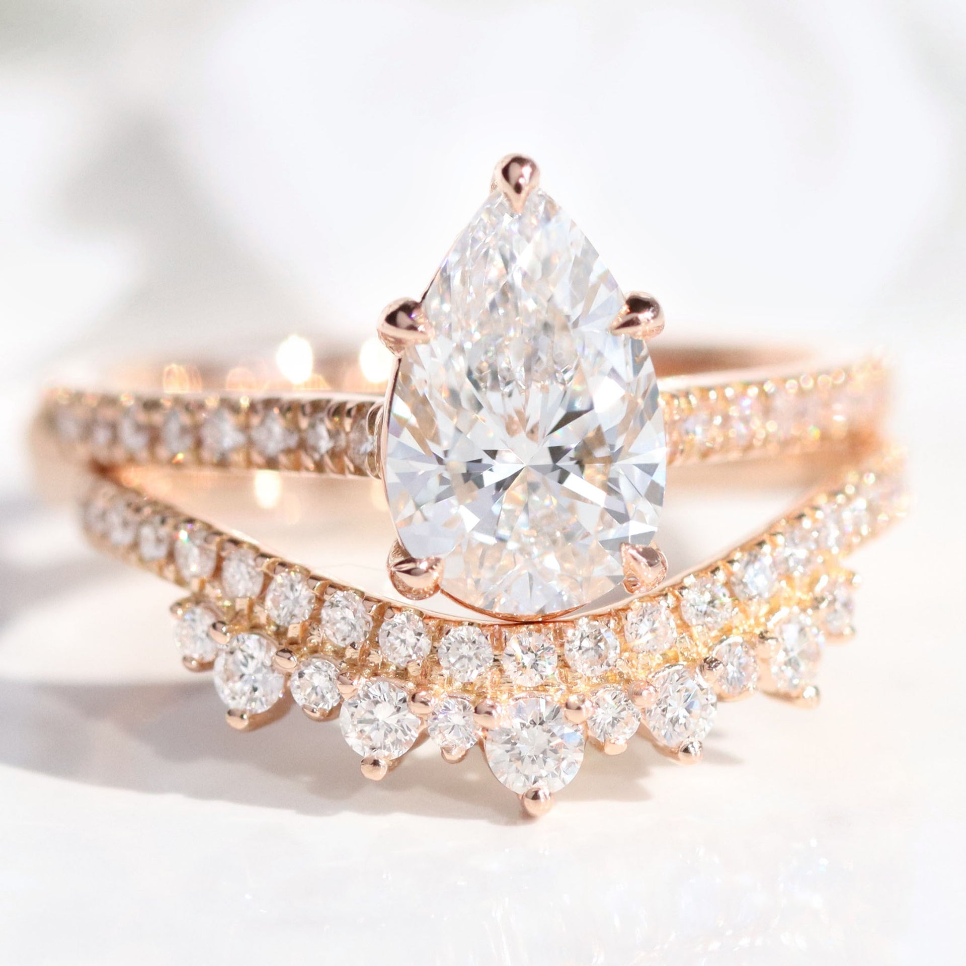 2Ct Pear Lab Diamond Ring Bridal Set Rose Gold Solitaire Ring Stack | La More Design