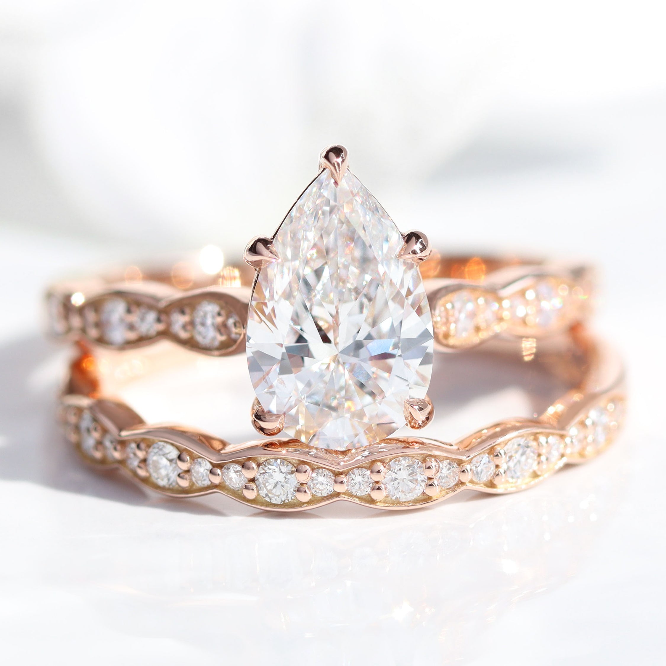 Large Pear Lab Diamond Ring Stack Rose Gold Solitaire Ring Bridal Set ...