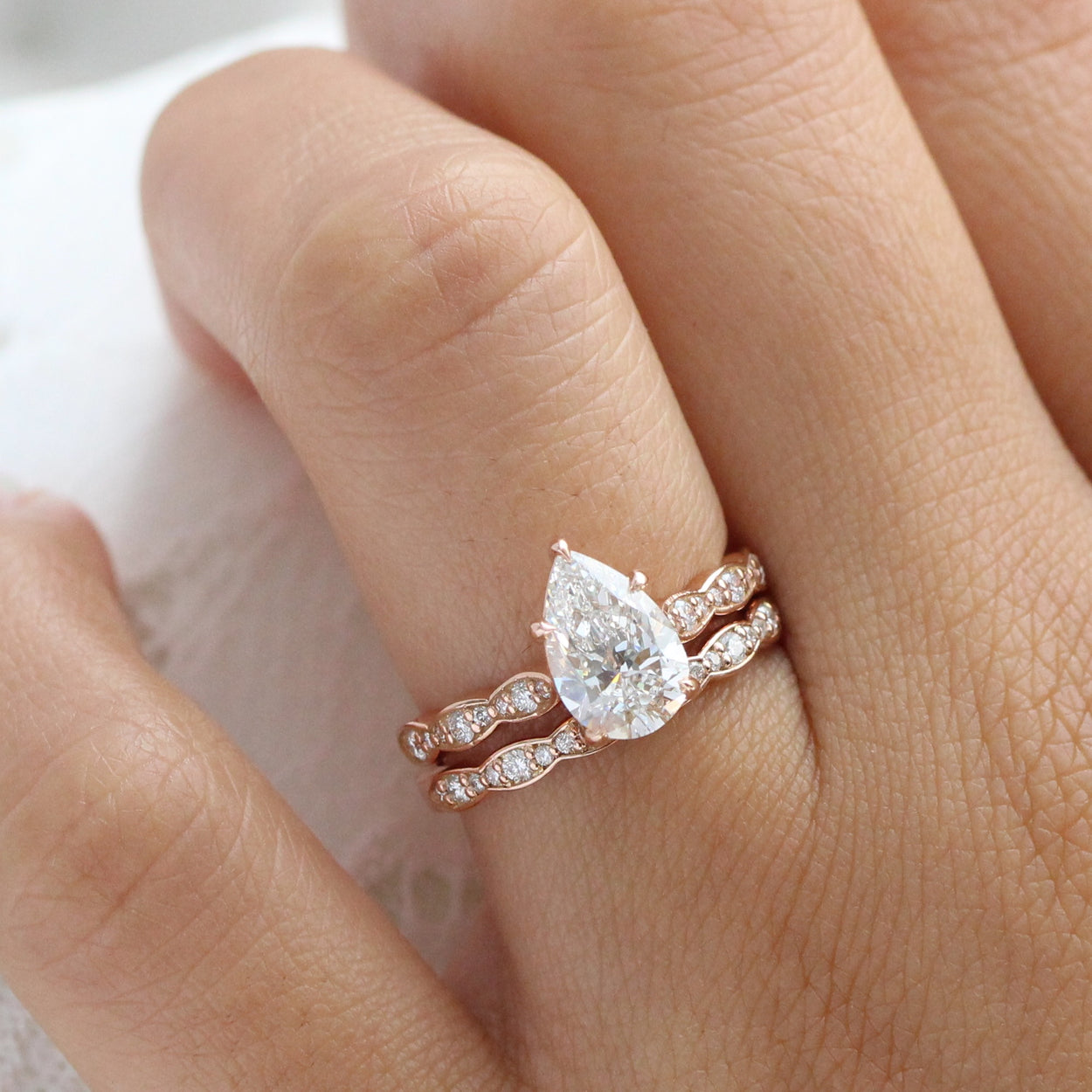 Large Pear Lab Diamond Ring Stack Rose Gold Solitaire Ring Bridal Set ...
