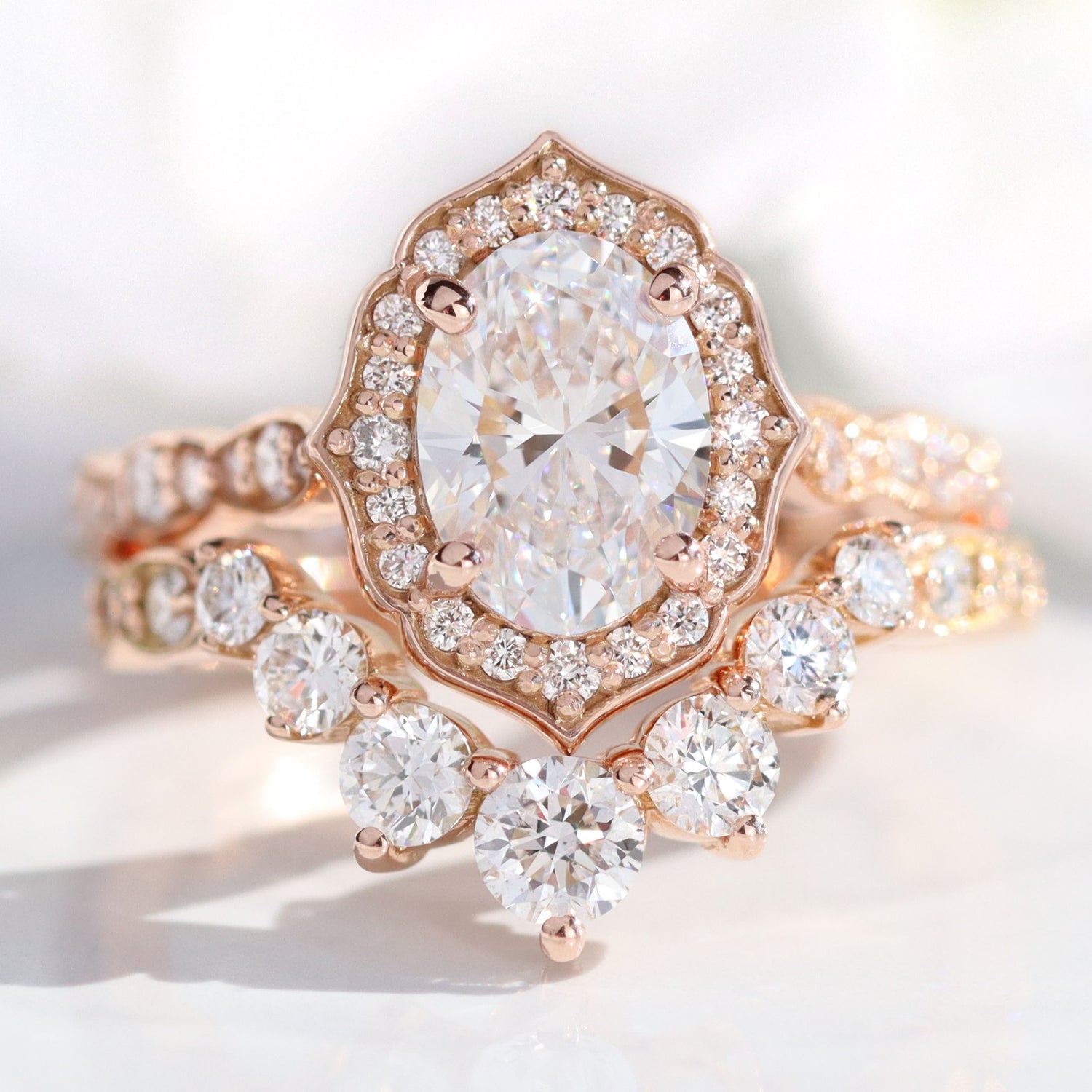 Vintage Floral Lab Diamond Ring Set Rose Gold Big Diamond Curved Band ...