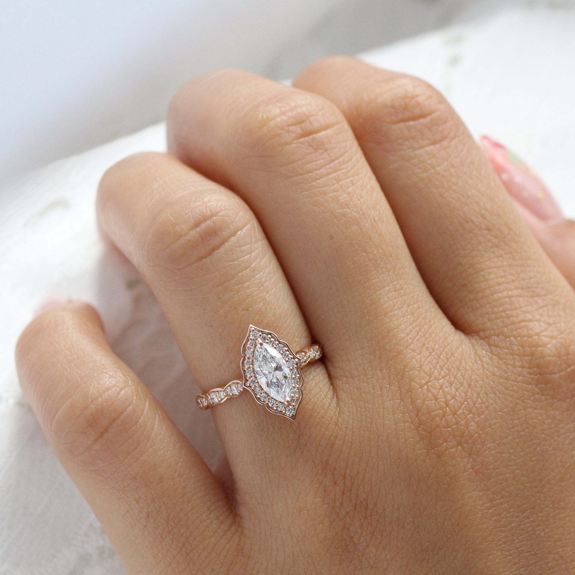 Marquise Cut Lab Diamond Engagement Ring Rose Gold Vintage Halo Ring ...
