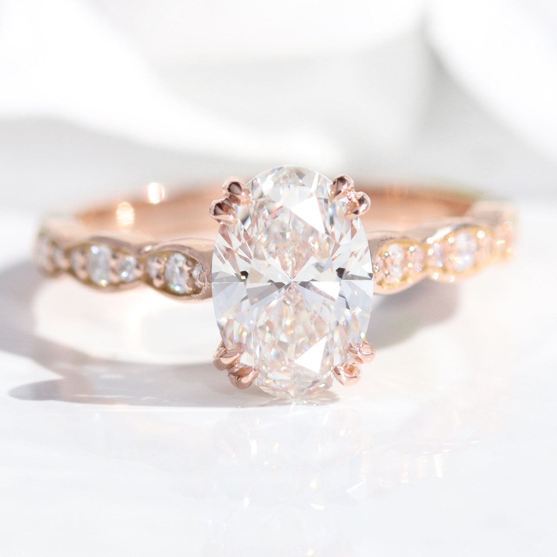 Oval Lab Diamond Solitaire Engagement Ring Rose Gold Scalloped Band ...
