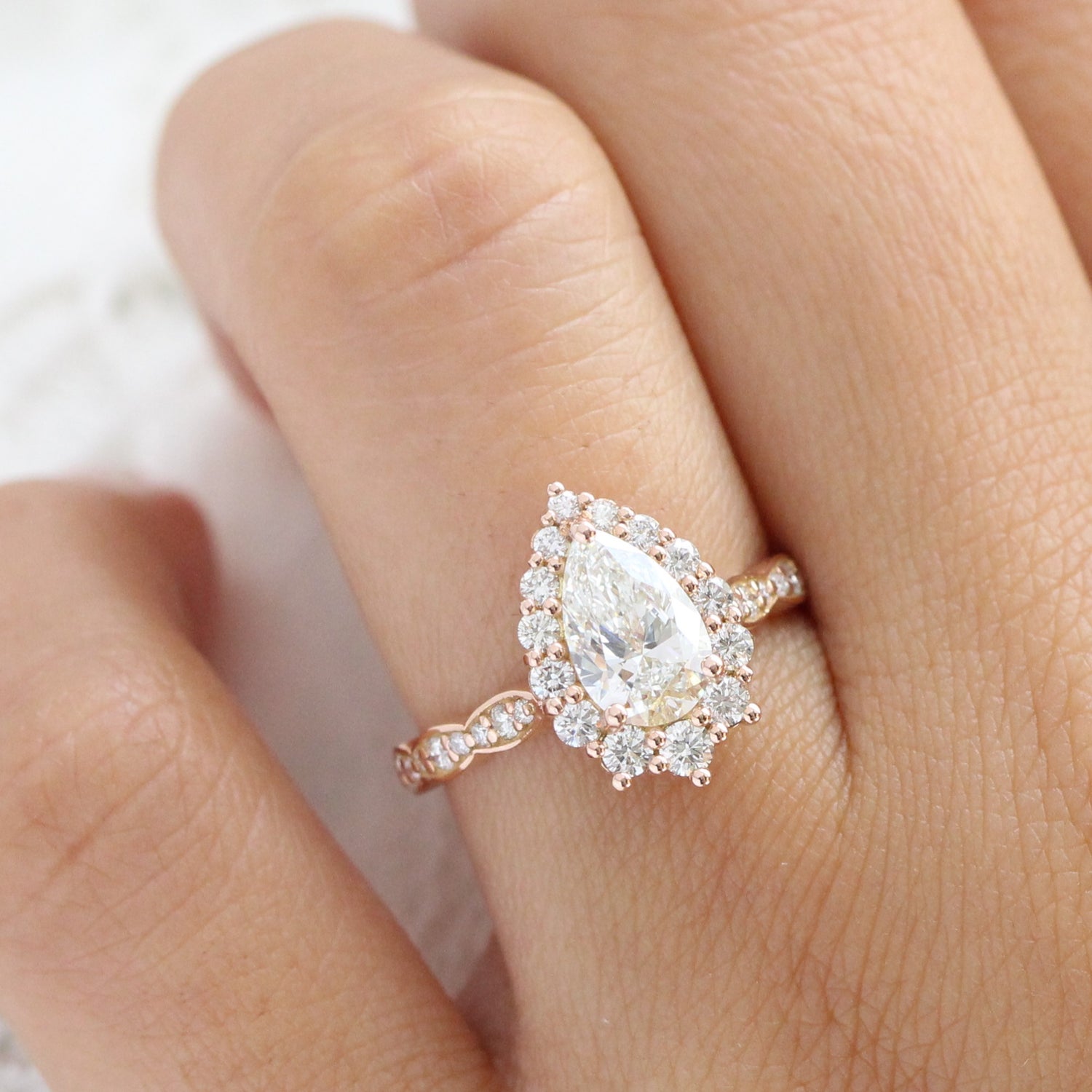 Large Lab Grown Diamond Engagement Ring Rose Gold Halo Pear Ring | La More Design