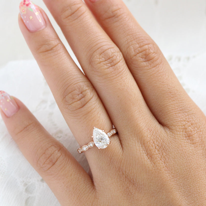 Pear Lab Diamond Solitaire Engagement Ring Rose Gold Scalloped Band ...