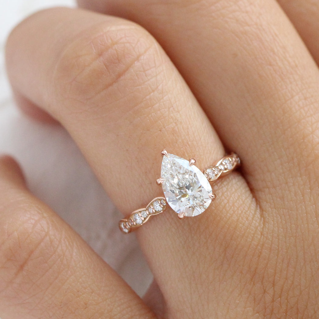 Pear Lab Diamond Solitaire Engagement Ring Rose Gold Scalloped Band ...