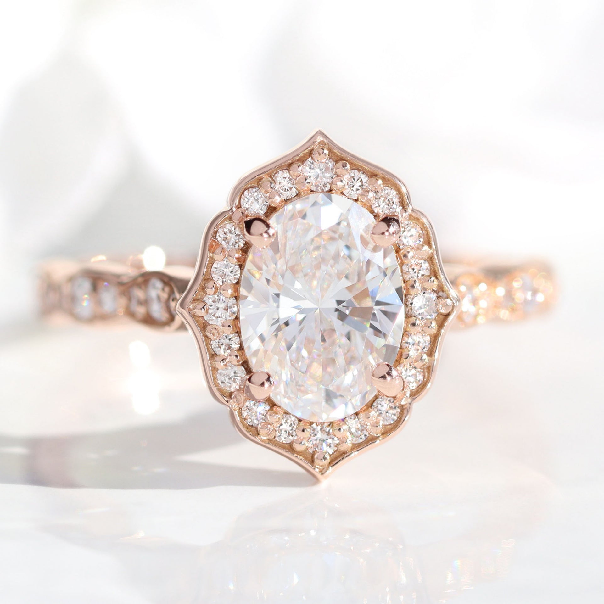 Vintage Floral Lab Diamond Ring Bridal Set Rose Gold Oval Ring Stack ...