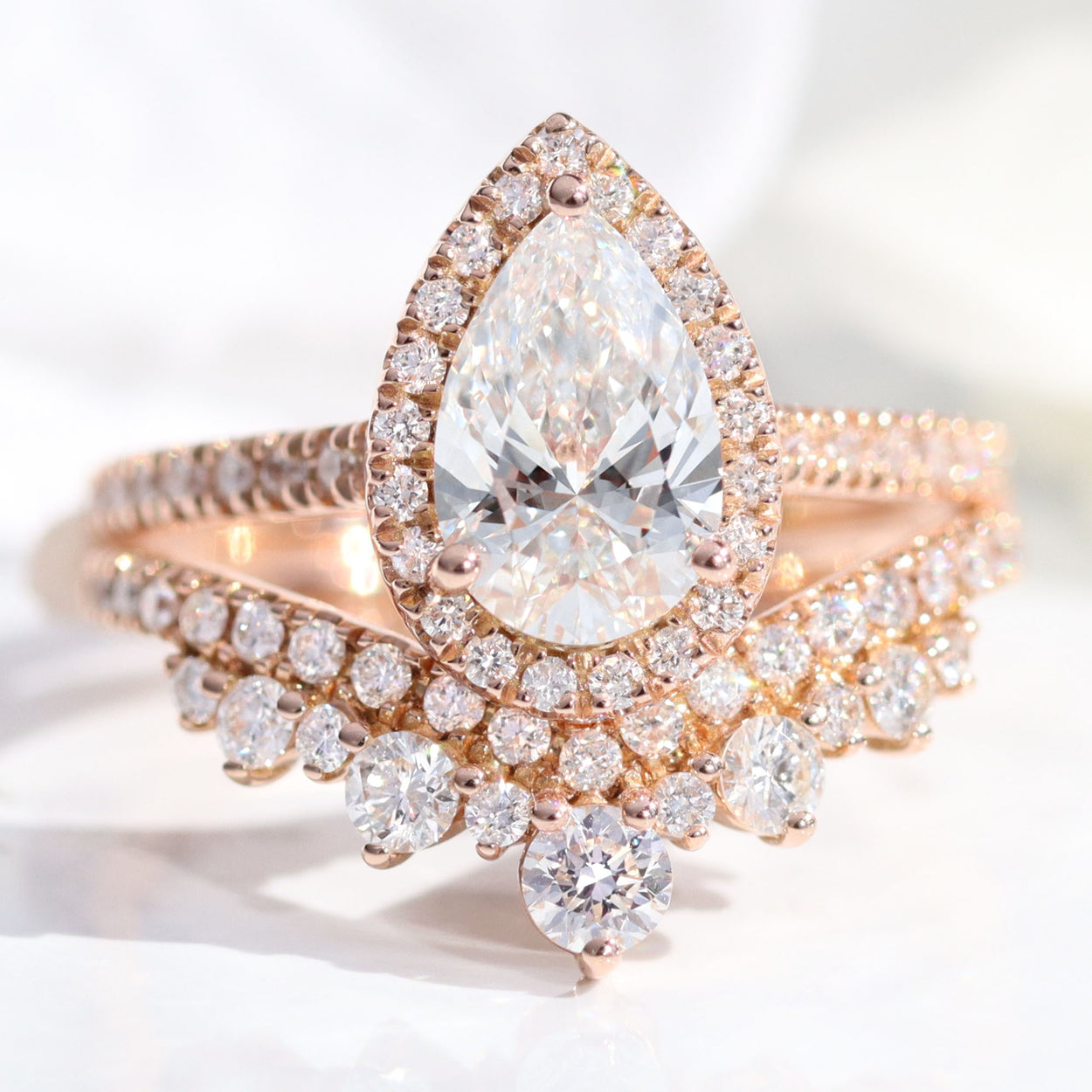 2 Ct Pear Lab Diamond Ring Stack Rose Gold Halo Pave Ring Bridal Set ...