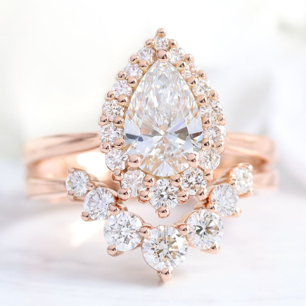 Halo Style Pear Lab Diamond Ring Set Rose Gold Big Diamond Curved Band ...