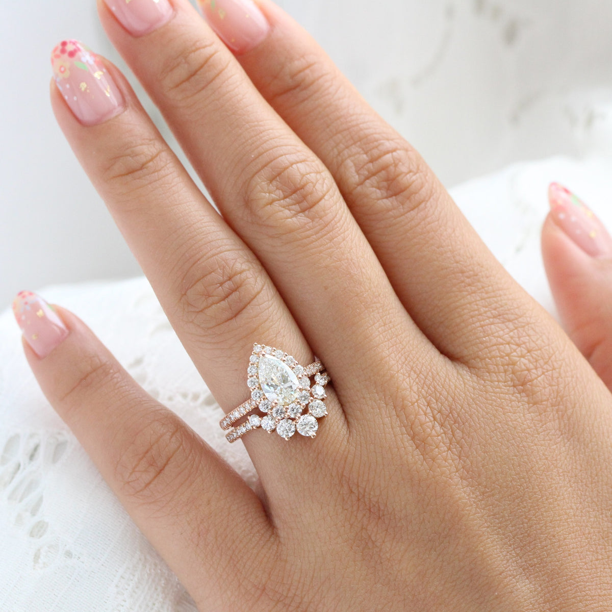 Pear Lab Diamond Ring Halo Bridal Set Gold Big Diamond Curved Band | La ...