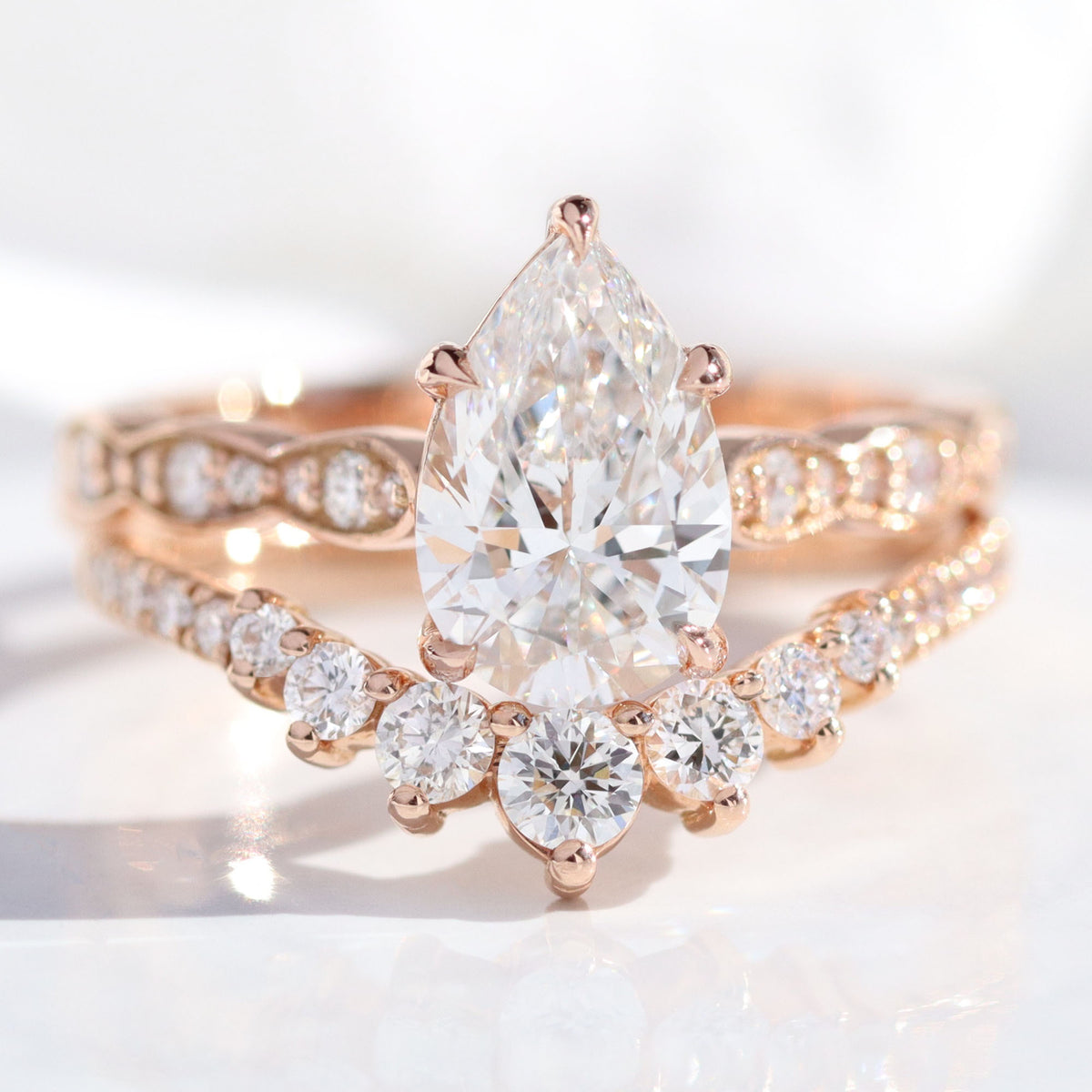 Pear Lab Diamond Solitaire Engagement Ring Rose Gold Scalloped Band ...