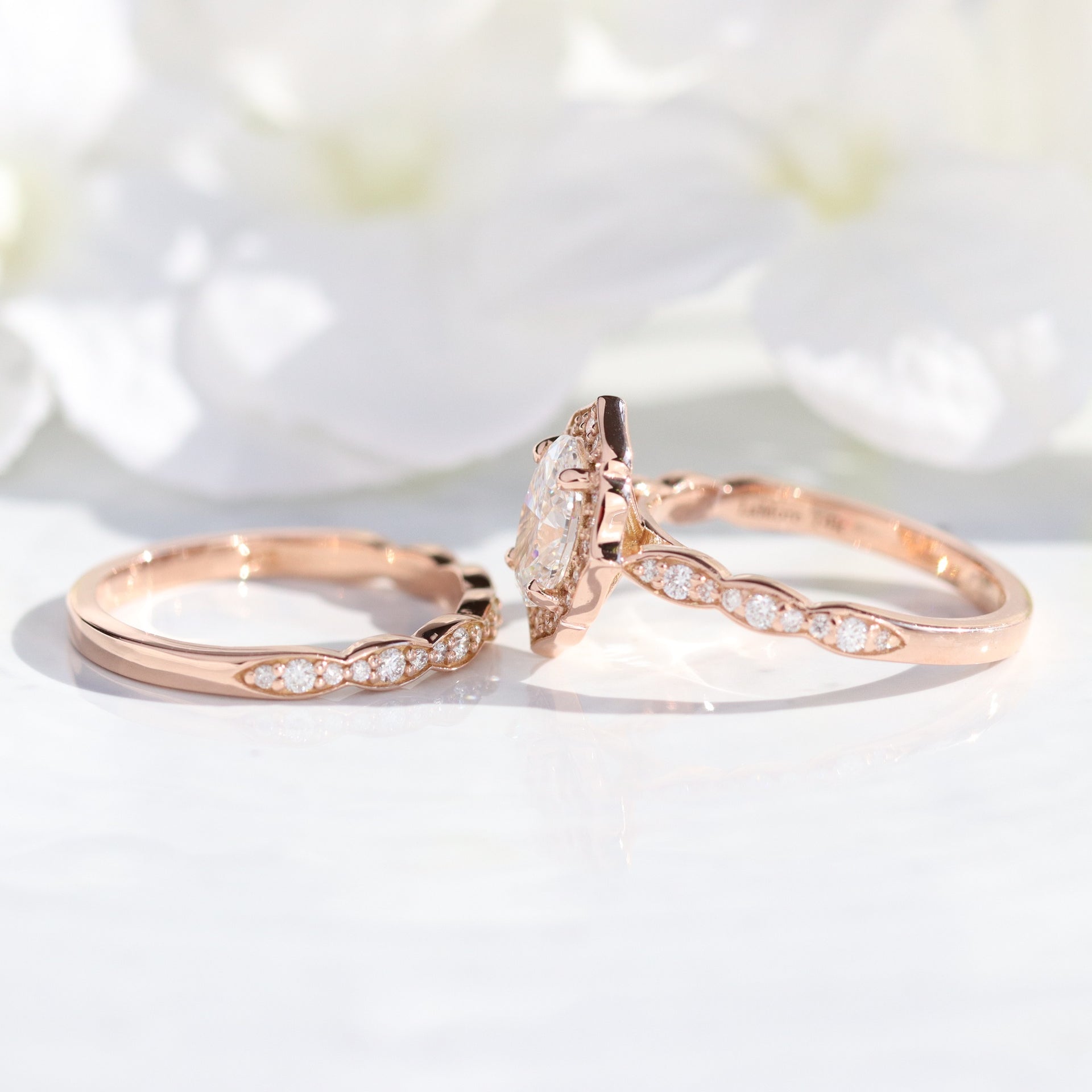 Vintage Floral Lab Diamond Ring Bridal Set Rose Gold Oval Ring Stack ...