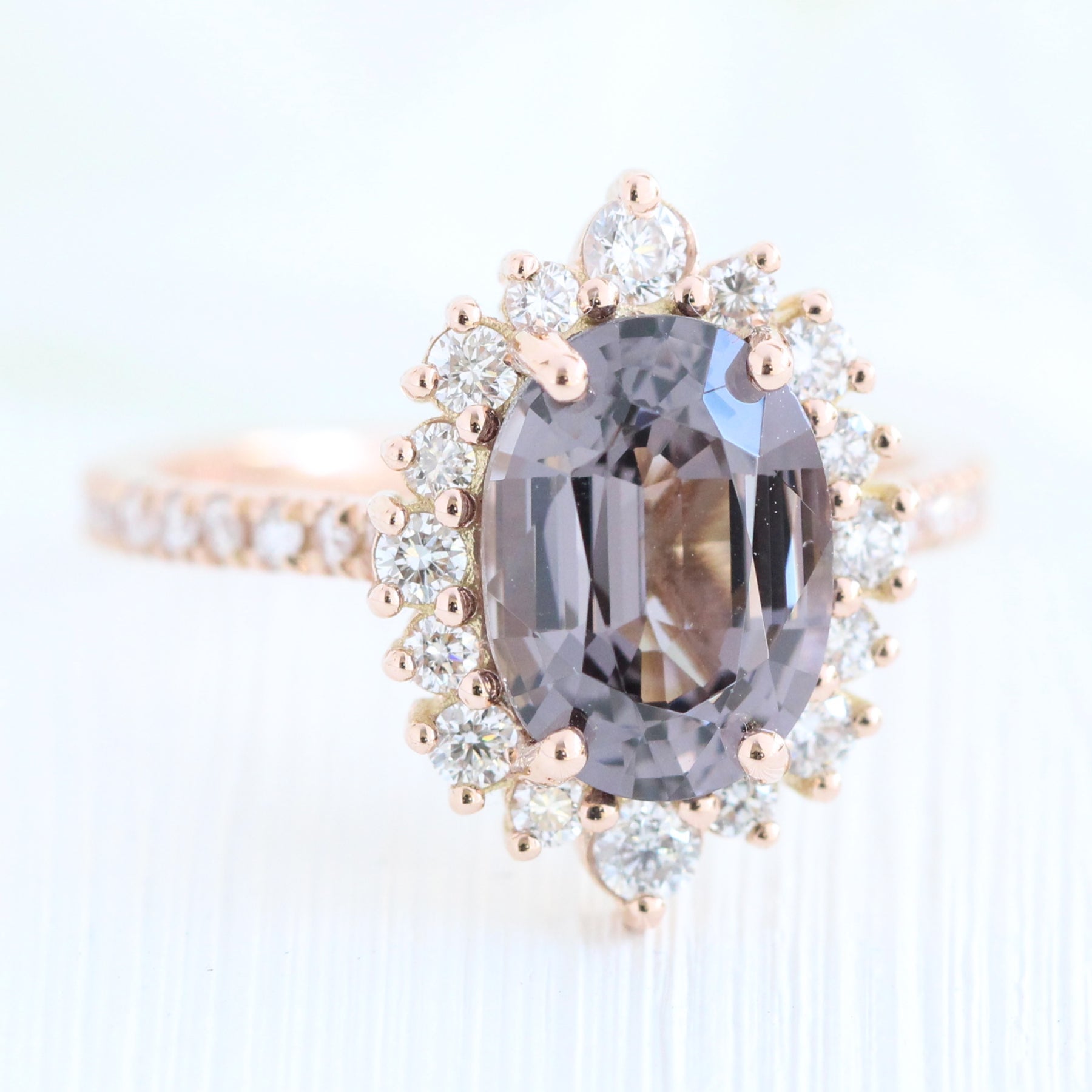 Large Grey Spinel Ring Rose Gold Halo Diamond Oval Engagement Ring | La ...
