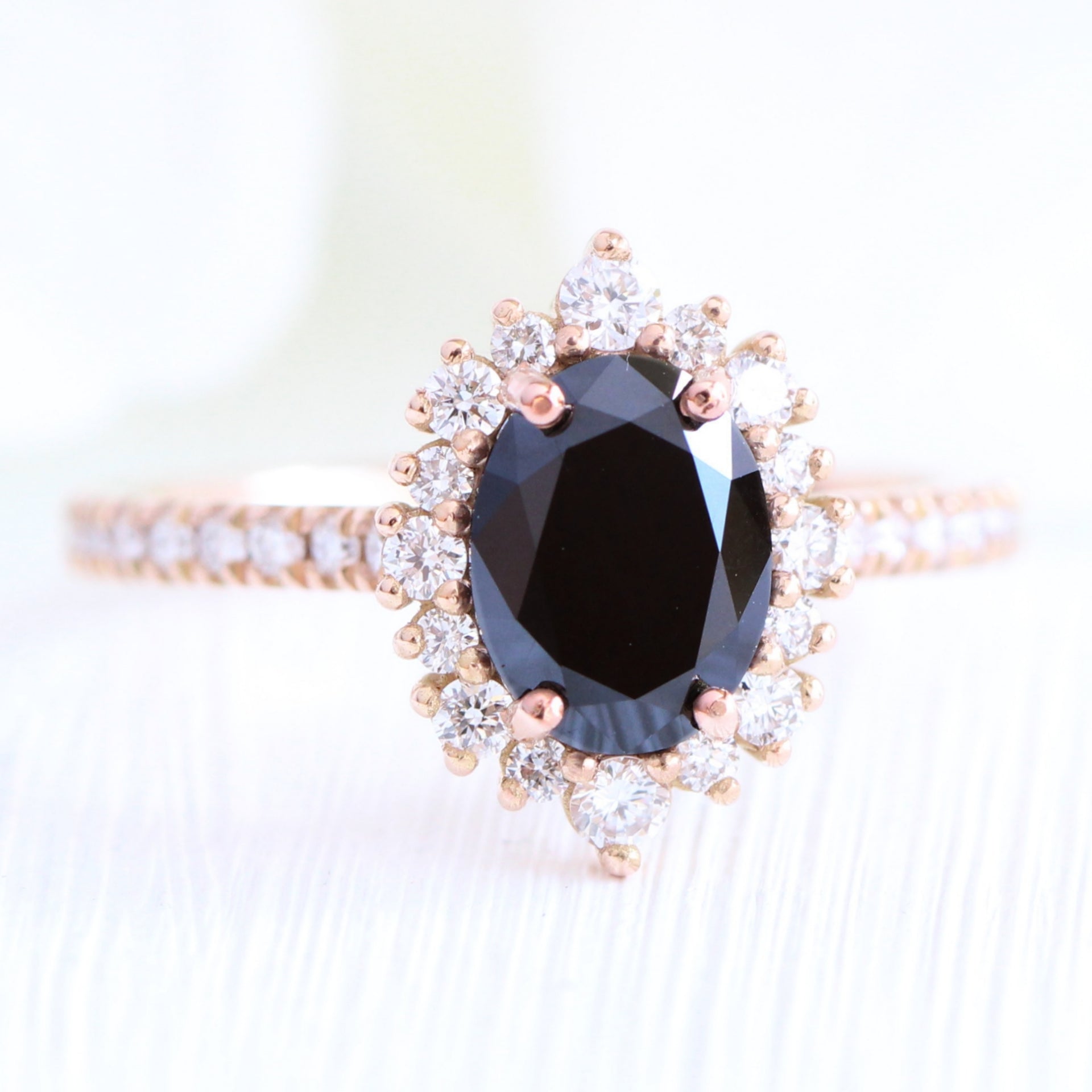 Natural Black Diamond Engagement Ring Rose Gold Halo Diamond Oval Ring ...