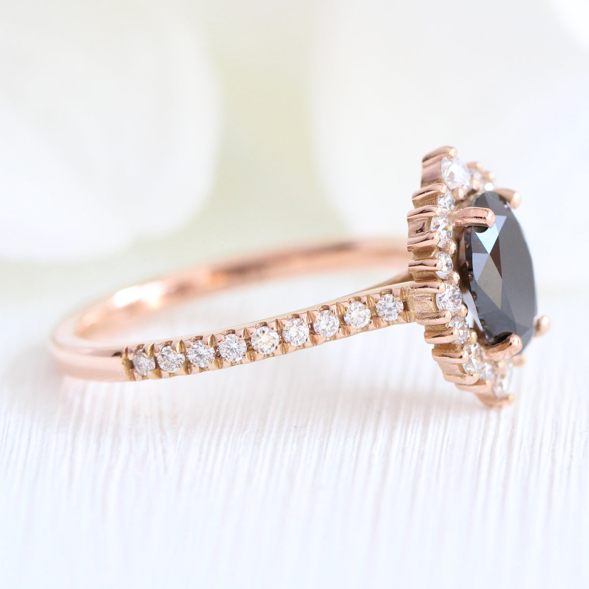 Natural Black Diamond Engagement Ring Rose Gold Halo Diamond Oval Ring ...