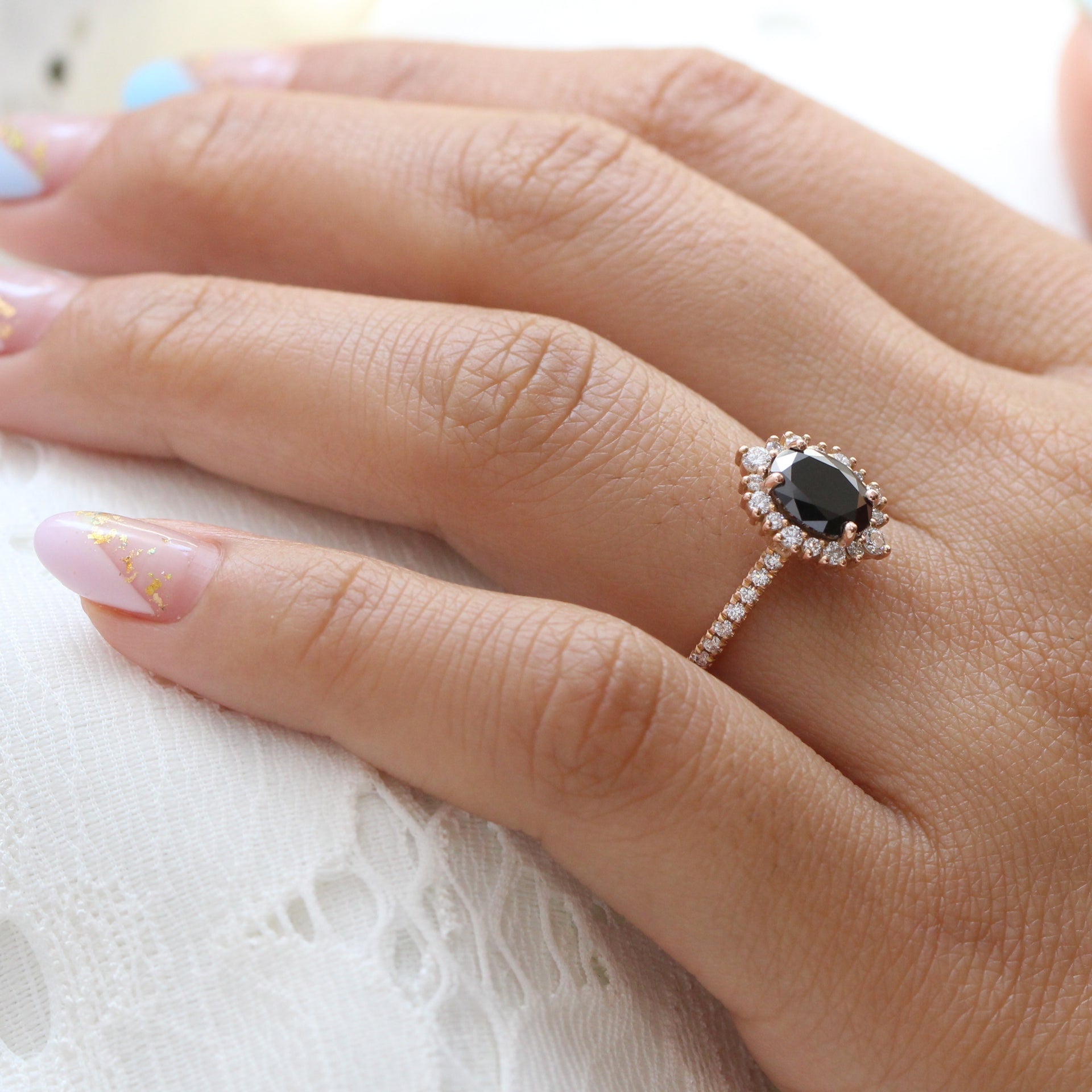 Natural Black Diamond Engagement Ring Rose Gold Halo Diamond Oval Ring ...