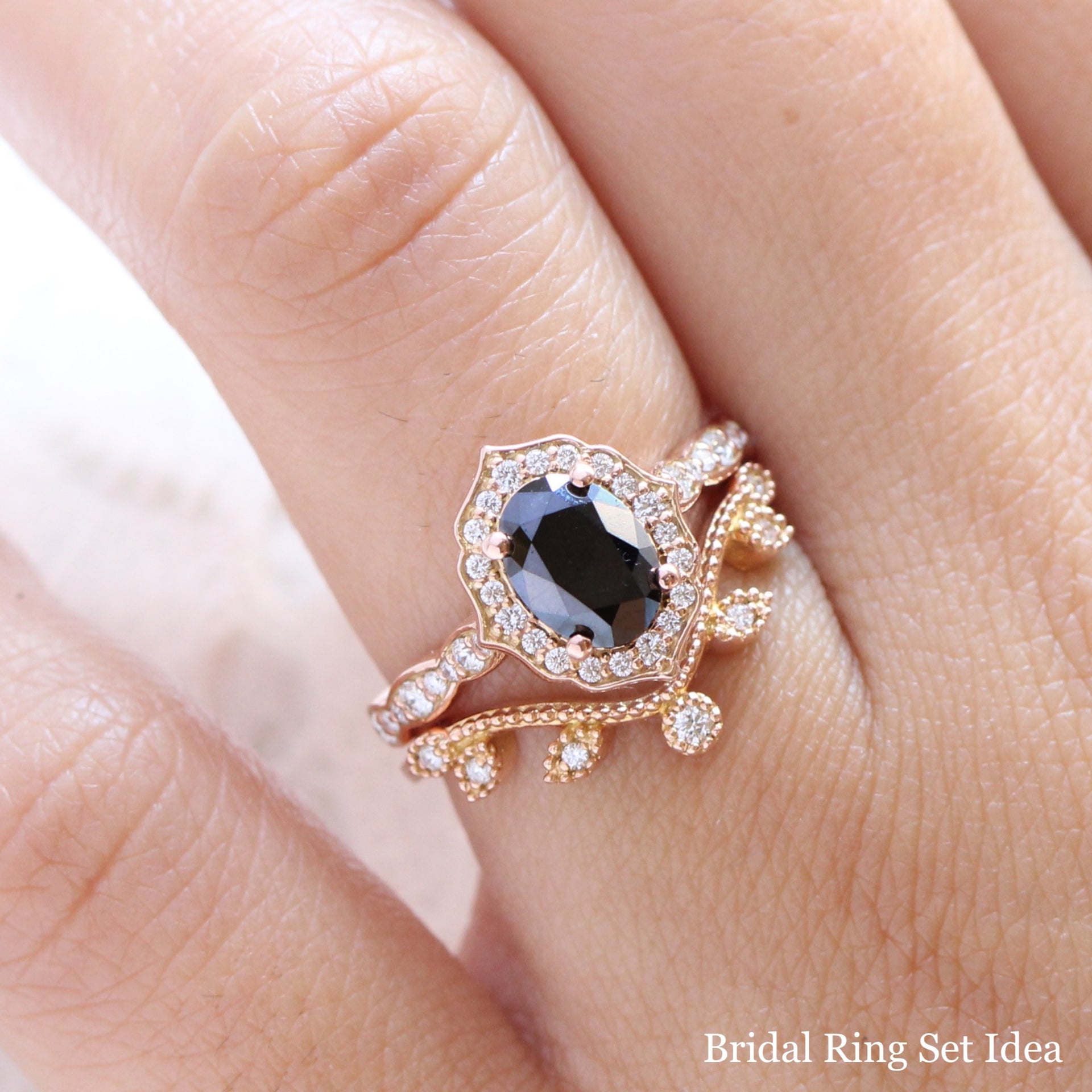Natural Black Diamond Engagement Ring Rose Gold Vintage Halo Oval Ring ...