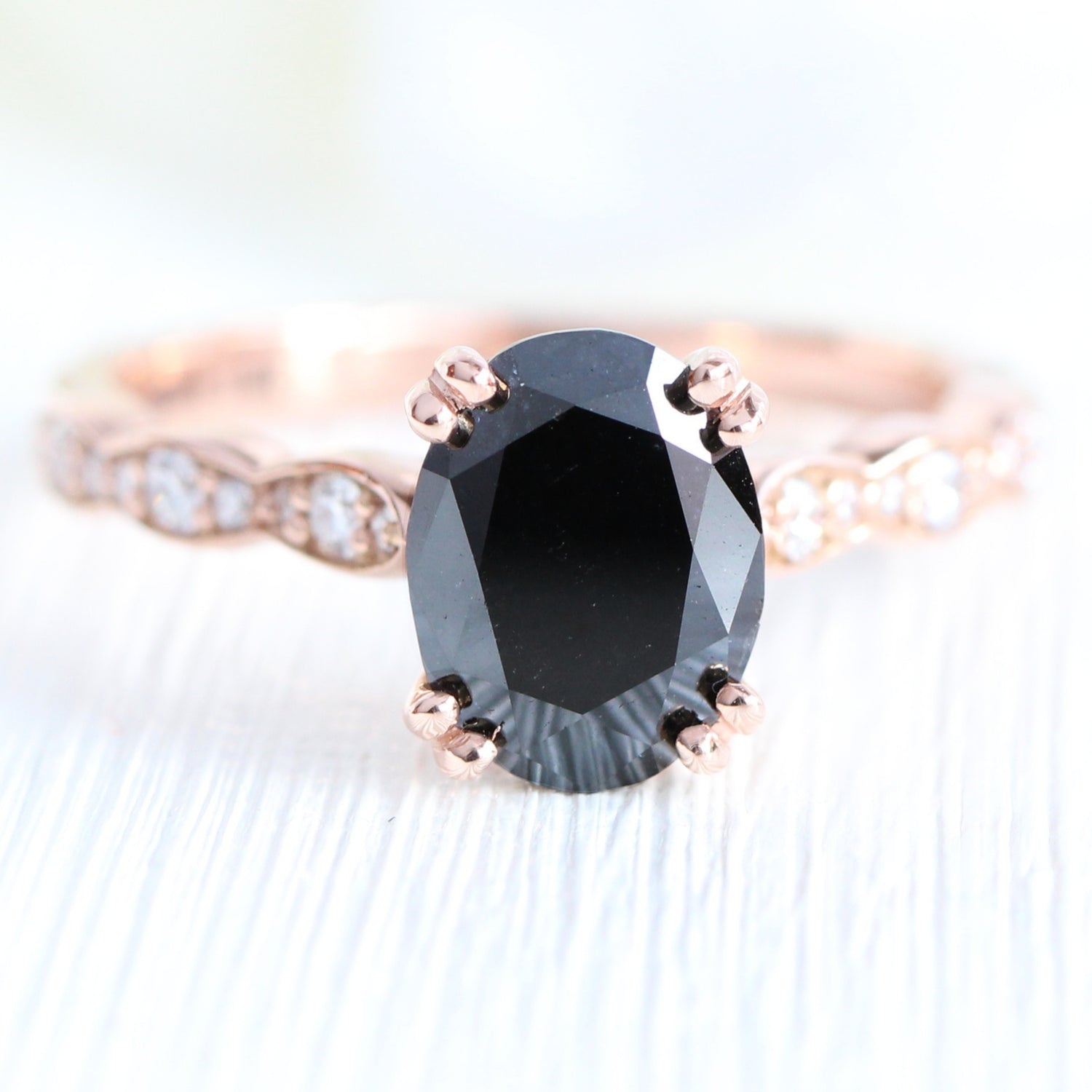 Natural Black Diamond Engagement Ring Rose Gold Solitaire Oval Ring ...