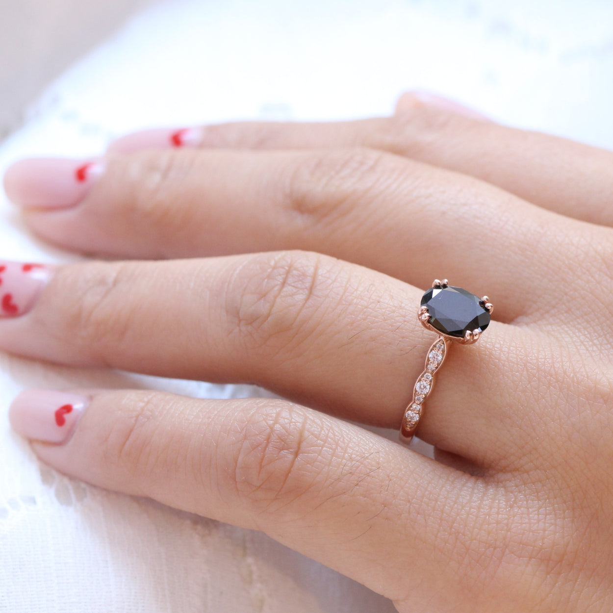 Natural Black Diamond Engagement Ring Rose Gold Solitaire Oval Ring ...