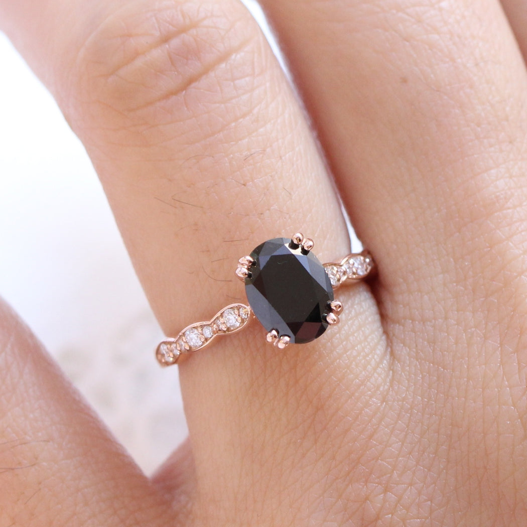 Natural Black Diamond Engagement Ring Rose Gold Solitaire Oval Ring ...